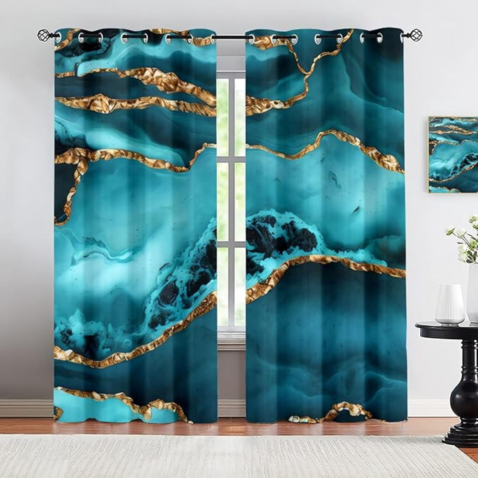 European Style Luxury Print Curtain, Abstract Turquoise Gold Marble ...