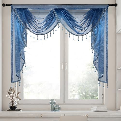 European Style Navy Blue Sheer Waterfall Valance with Blue Beads ...