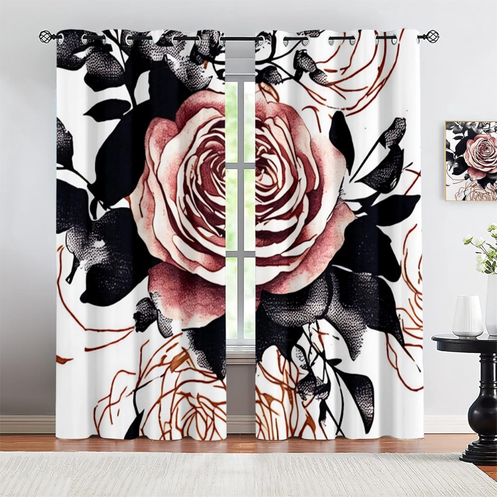 European Style Watercolor Rose Flowers Blackout Curtains, Hand-Painted ...