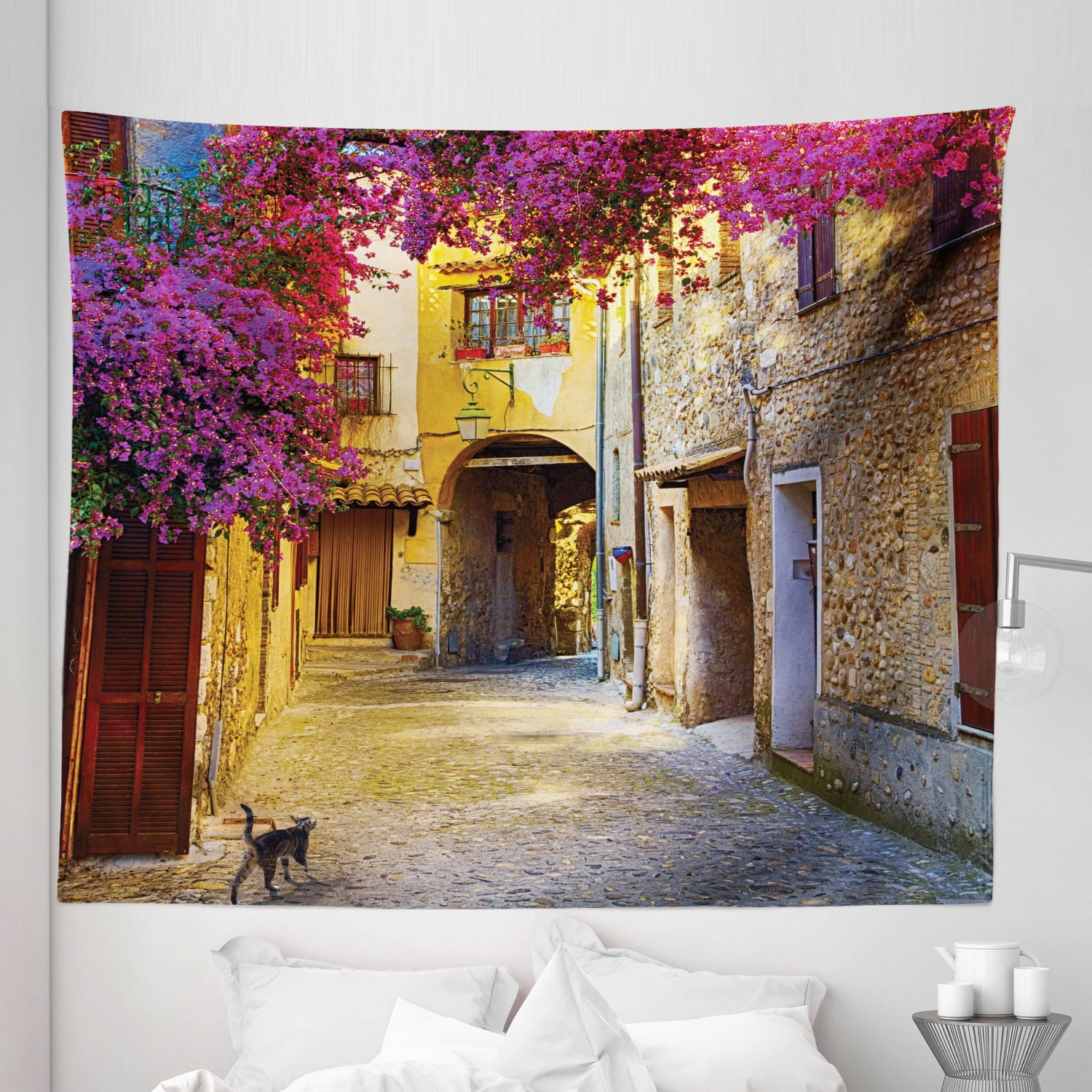 European Tapestry, Floral Medieval Tuscan Alley at Afternoon Street Cat ...