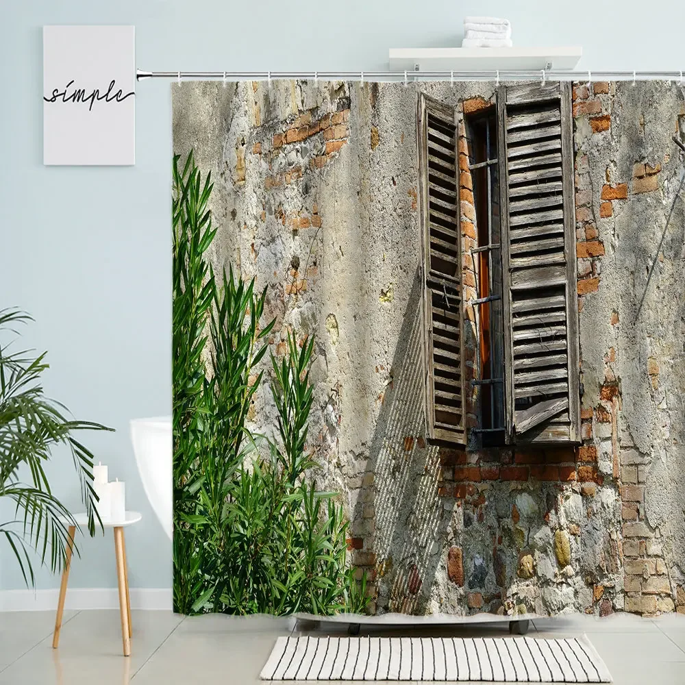 European Town Window View Shower Curtain Green Plants Flowers Vines ...