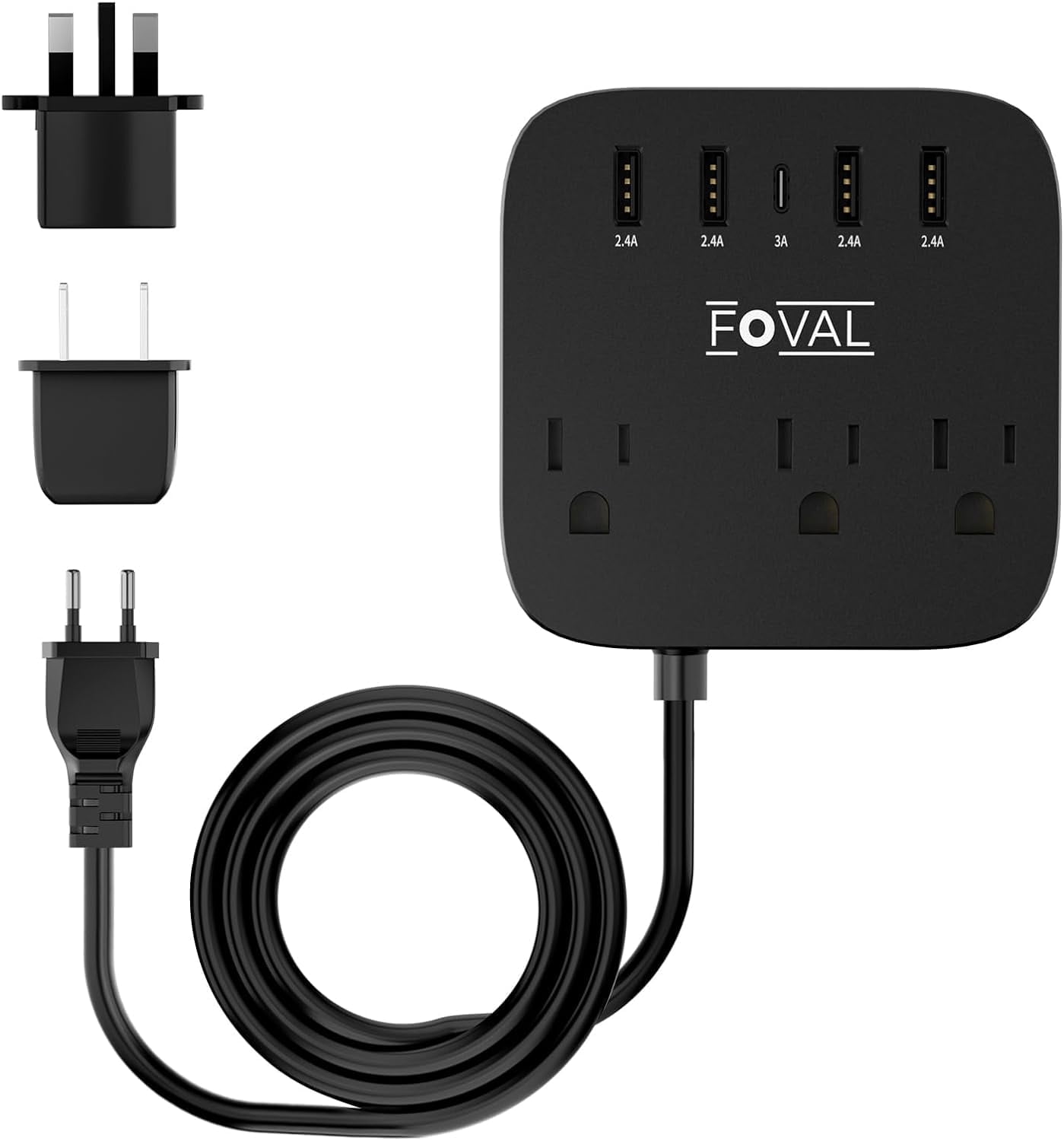 FOVAL European Travel Plug Adapter, 3 AC Outlets, 4 USB Ports, Wall ...