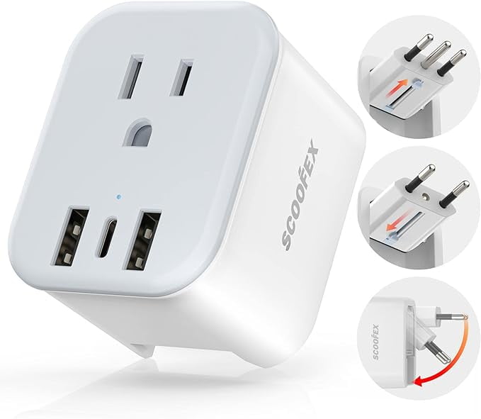 European Travel Plug Adapter - SCOOFEX Foldable Power Plug with 3 USB ...