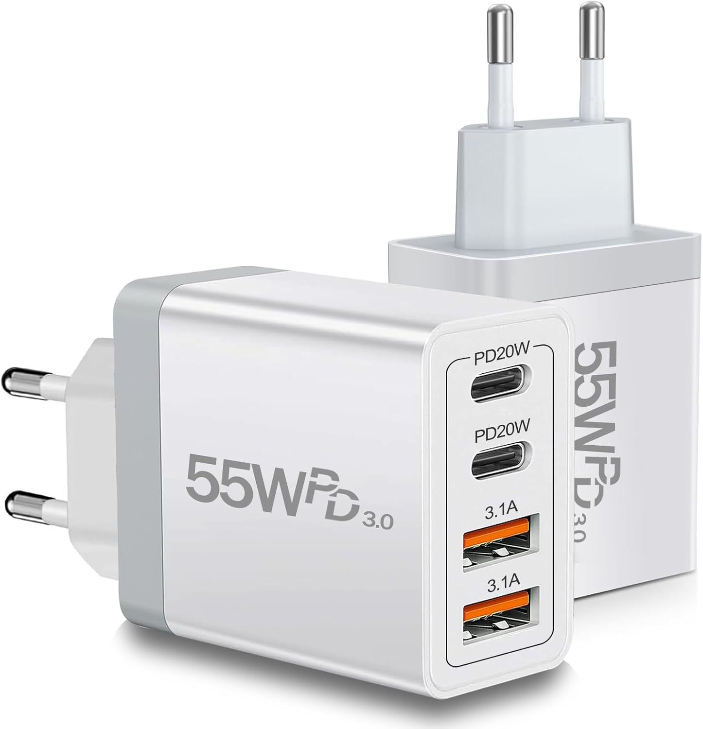 European USB C Charger 2 Pack, 55W European Travel Plug Adapter 4-Port ...
