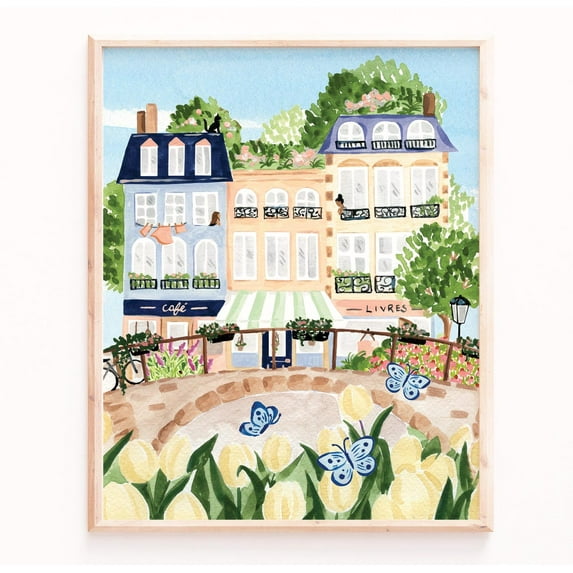 European Village Art Poster Spring Tulips And French Café Scene, Stretched Canvas Size 12x18 F03 ...