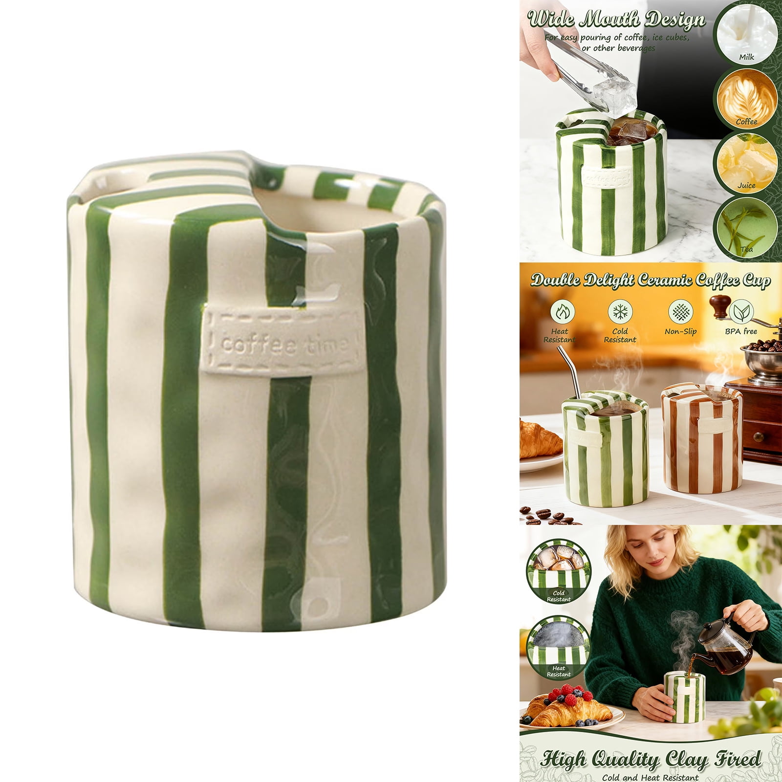 European Vintage Striped Double-Wall Porcelain Mug (300ml) - Elegant ...