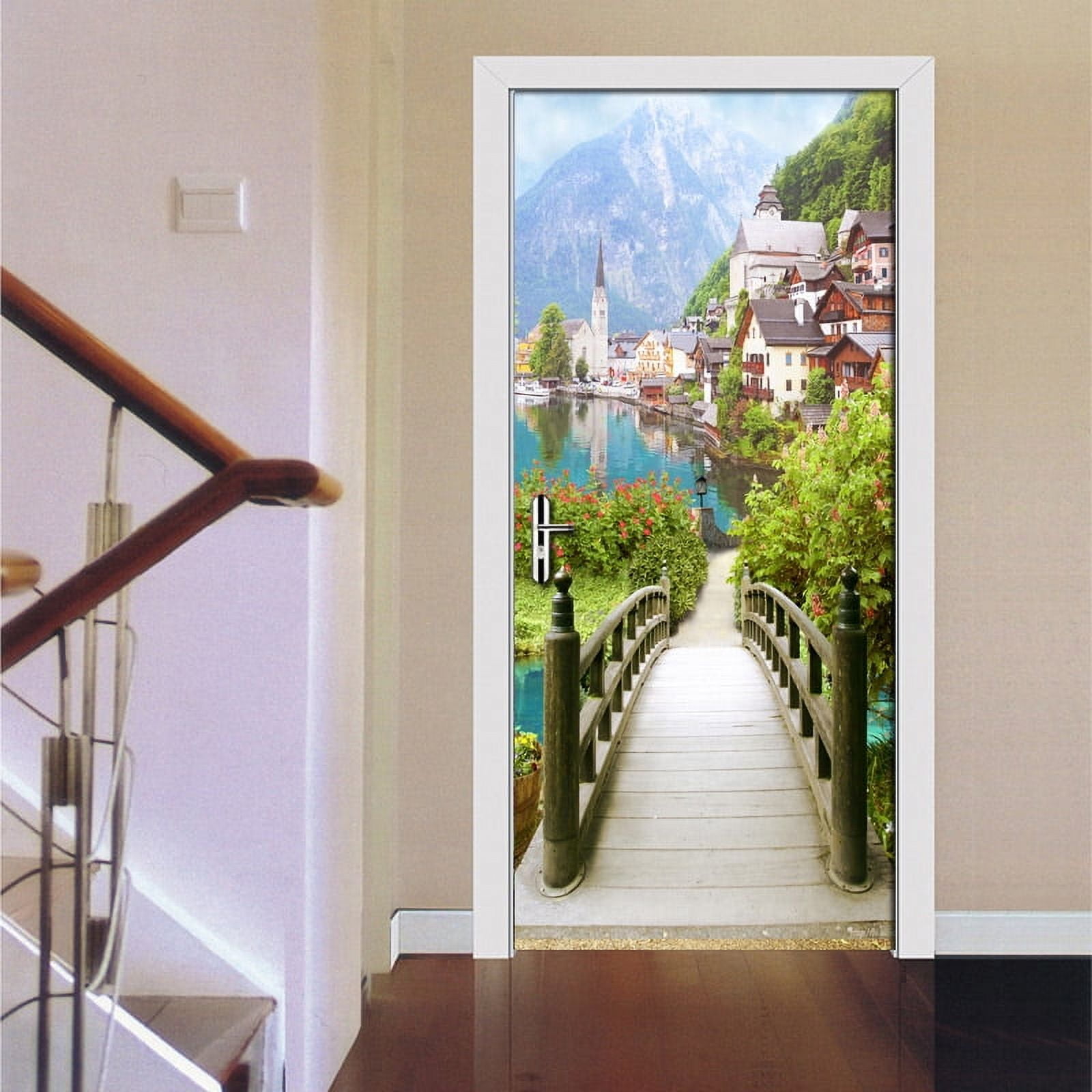 European Wooden Bridge Ancient Town Scenery Door Stickers 3D Wallpaper ...