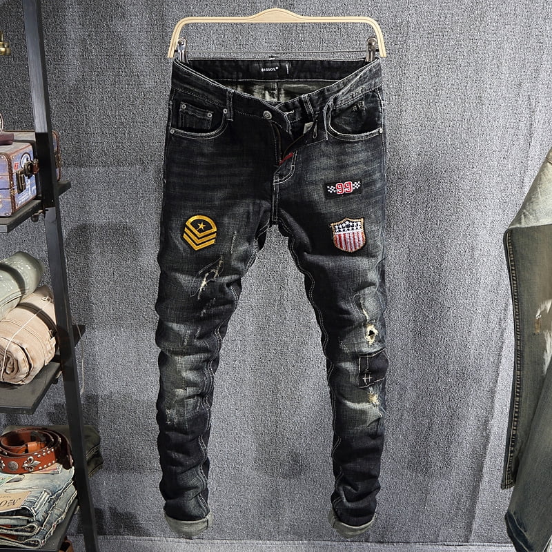 European and American high street fashion ripped men‘s jeans blue and ...