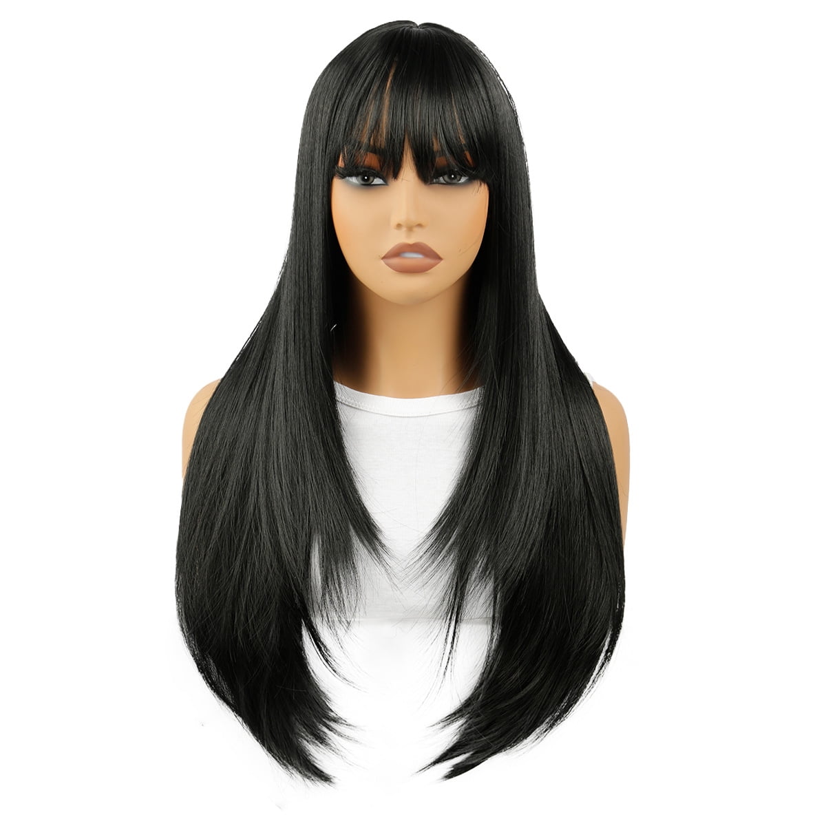 European and American natural black bangs, long straight hair wig for ...