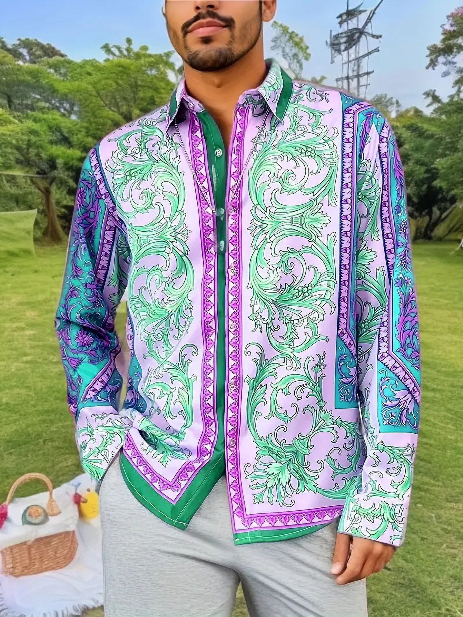 European and American new floral pattern lapel 3D printed shirt men's ...
