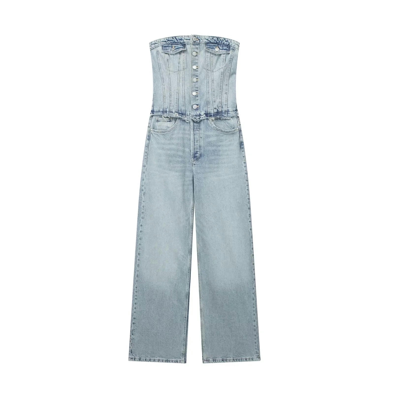 European Size Womens New Autumn Tube Top Denim Jumpsuit Blue L