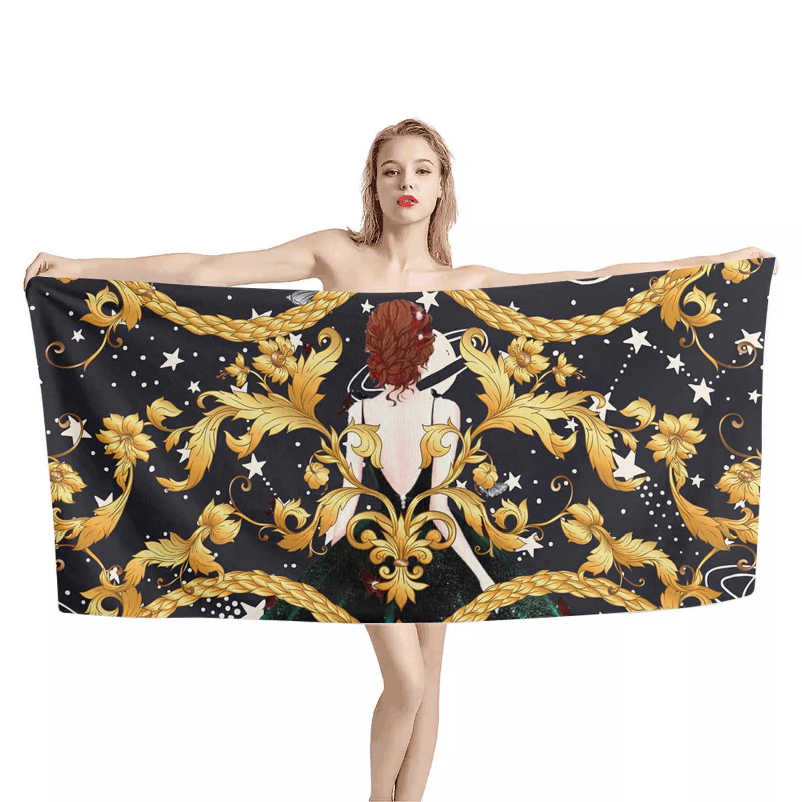 Europeanism Luxury Beautiful Girl with Golden Flower Pattern Beach Towel Quick Dry Swimming Pool ...