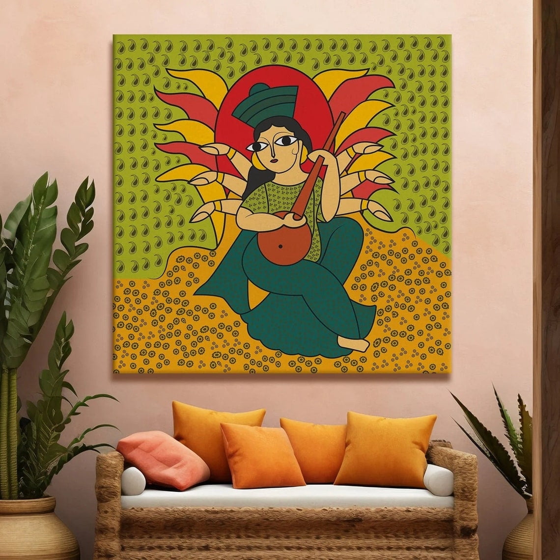 Eurotex Indian Kalighat Playing Sitar Wall Art Canvas Painting For Home ...