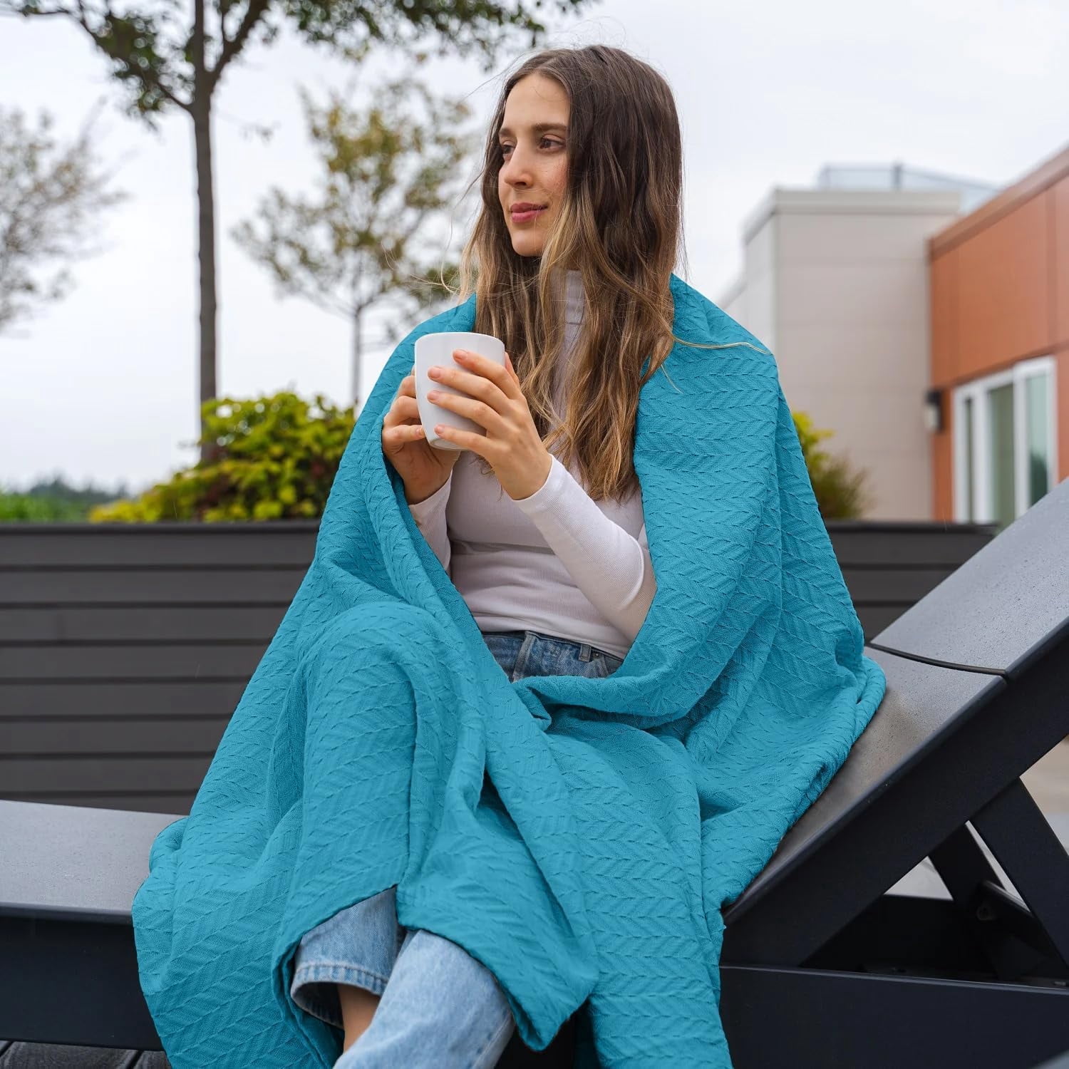 Eurotex Twin Size Cotton Blankets, Herringbone All-Season 100% Cotton ...