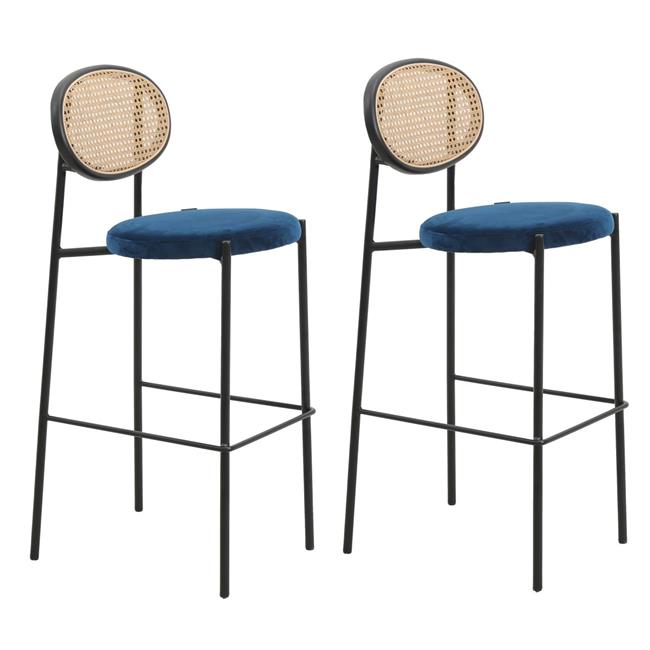 Euston Modern Wicker Bar Stool with Black Steel Frame, Navy Blue - Set ...