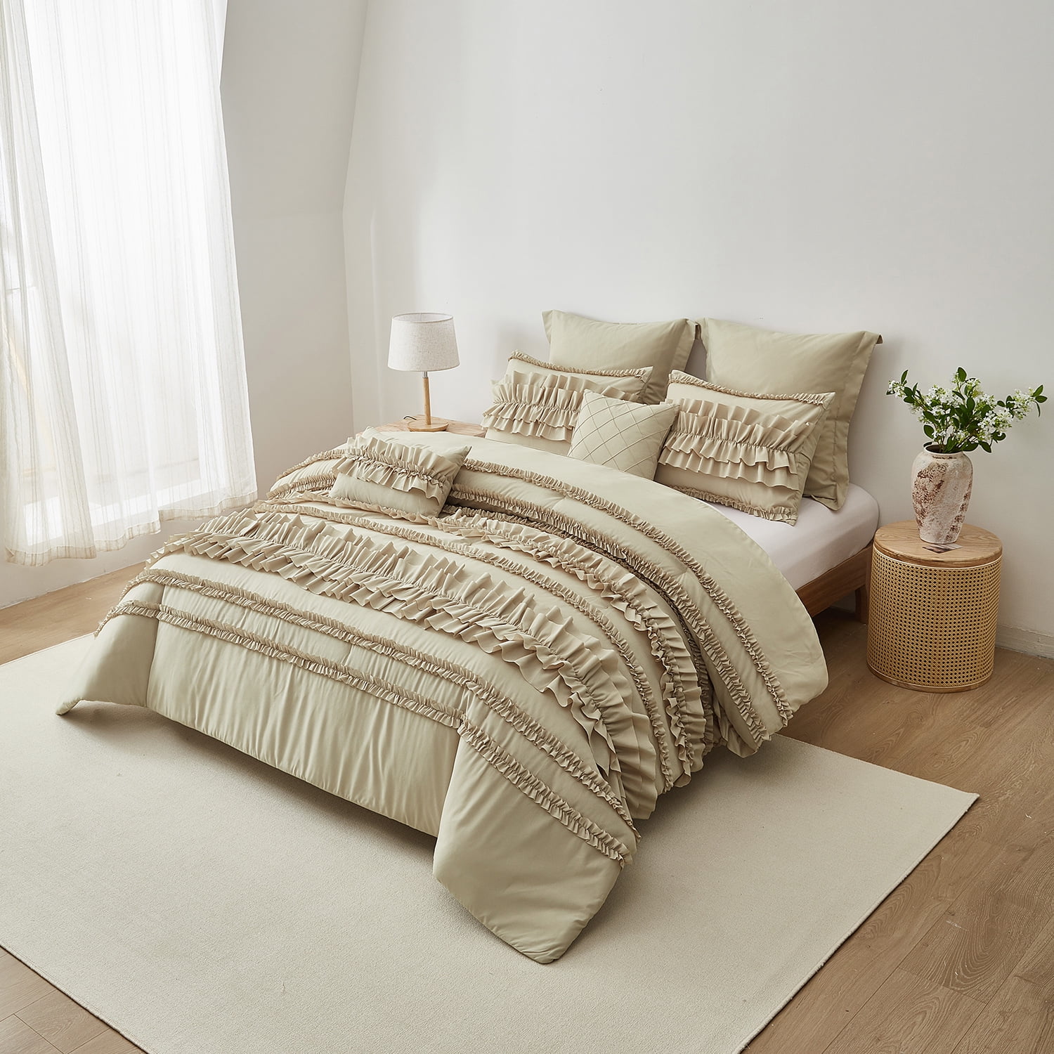 EvJk 7-Piece Camel Comforter Set - Delicate Butterfly Ruched Design ...