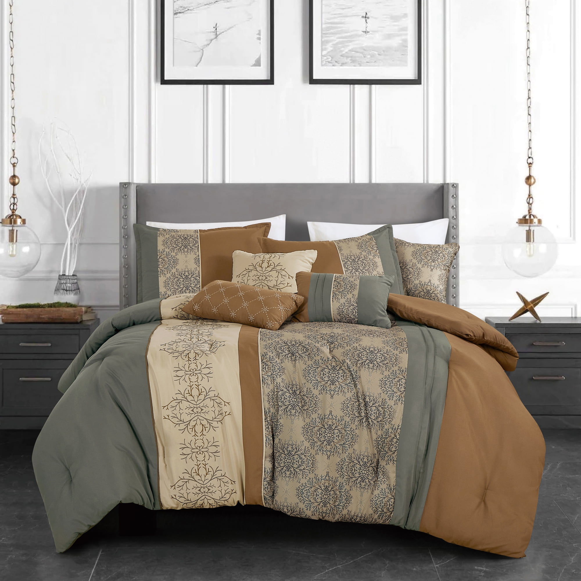 EvJk 7-Piece Luxury Comforter Set, Elegant Embroidered Pattern, Queen ...
