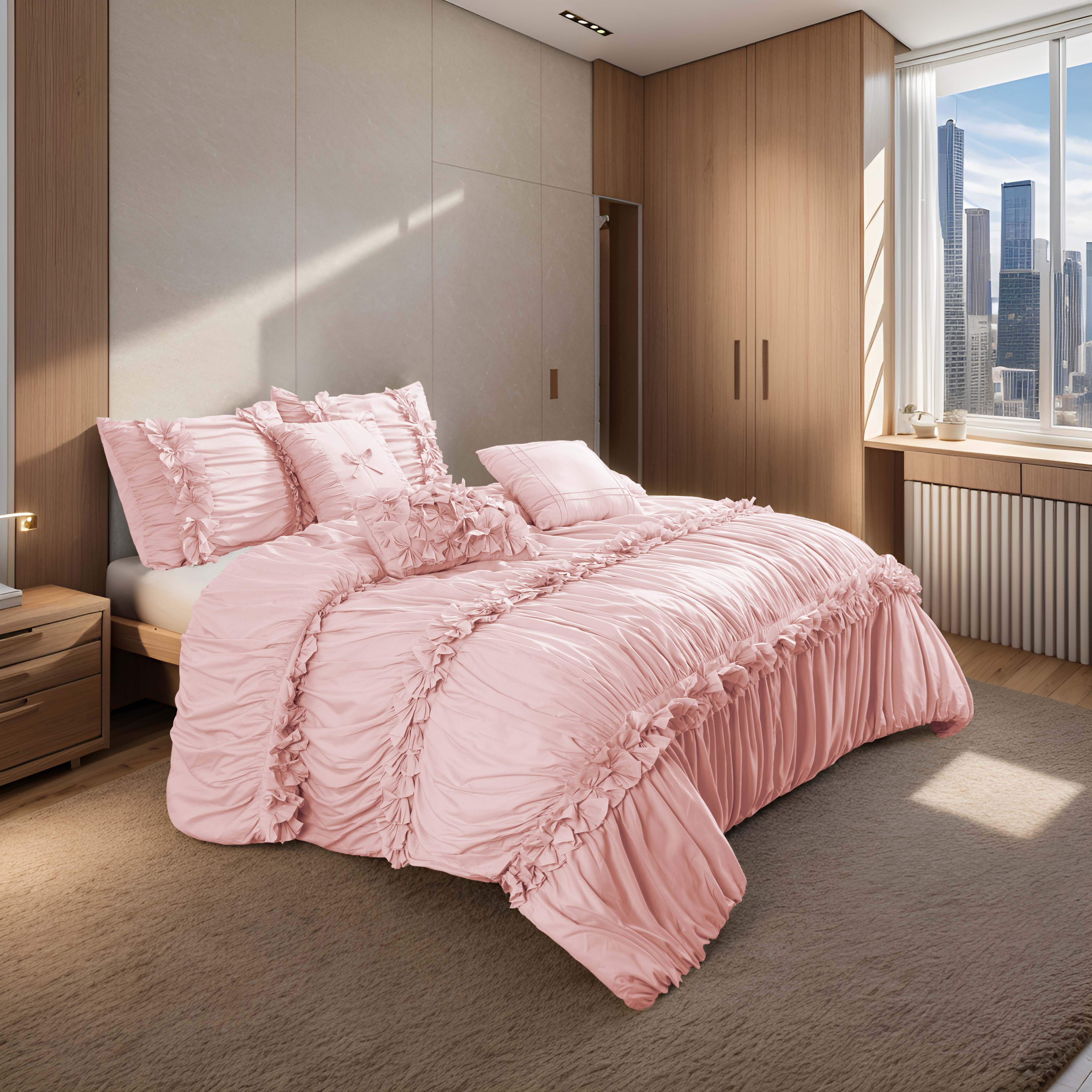 EvJk 7 Piece Ruched Pleat Comforter Set, Pinch Pink Romantic Bed in a ...