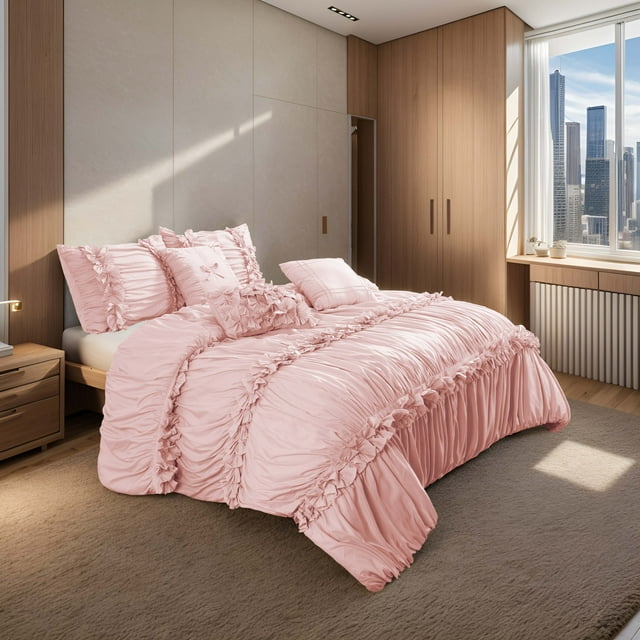 EvJk 7 Piece Ruched Pleat Comforter Set, Pinch Pink Romantic Bed in a ...
