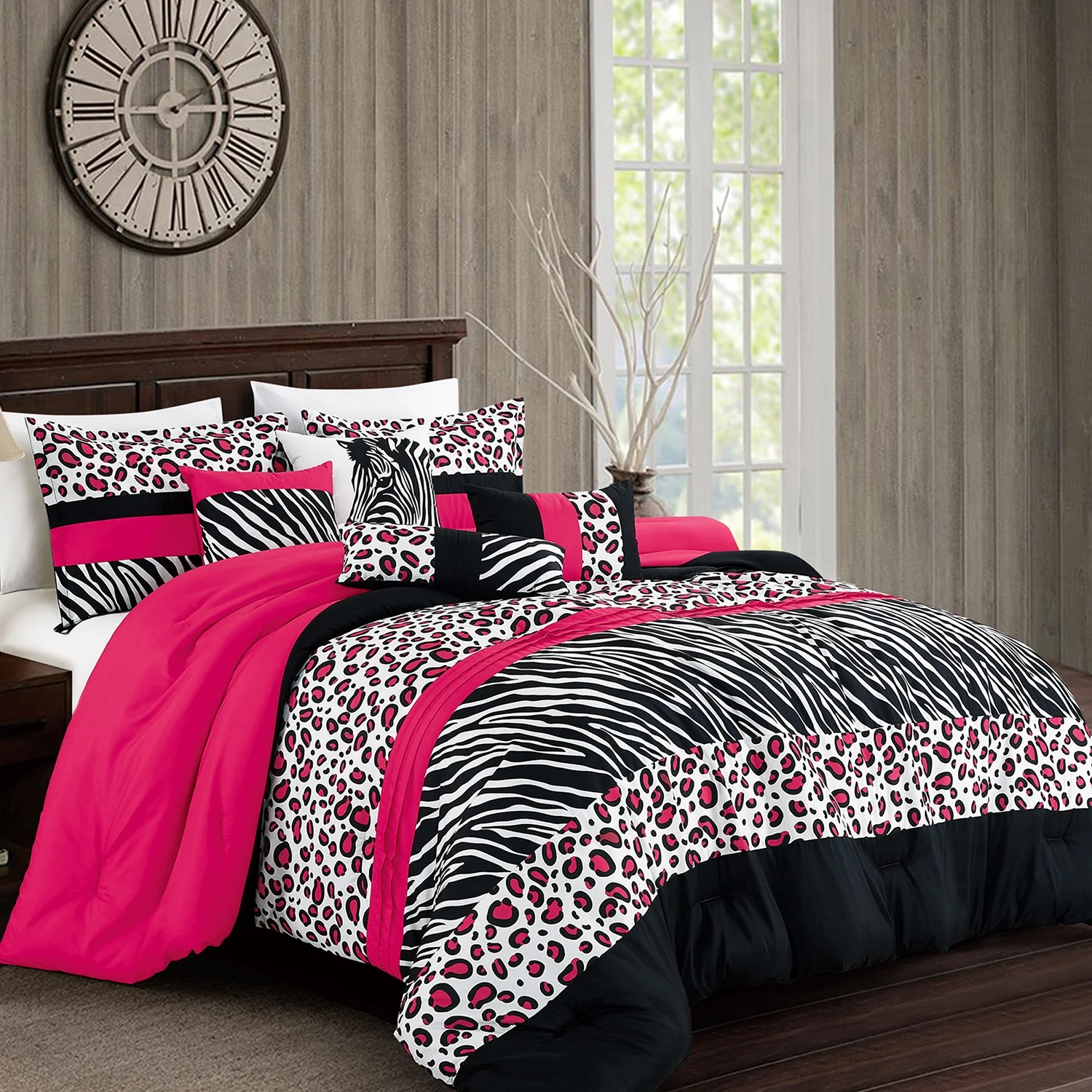 HIG 7-Piece Leopard Print Queen Size Comforter Set with Color Block ...