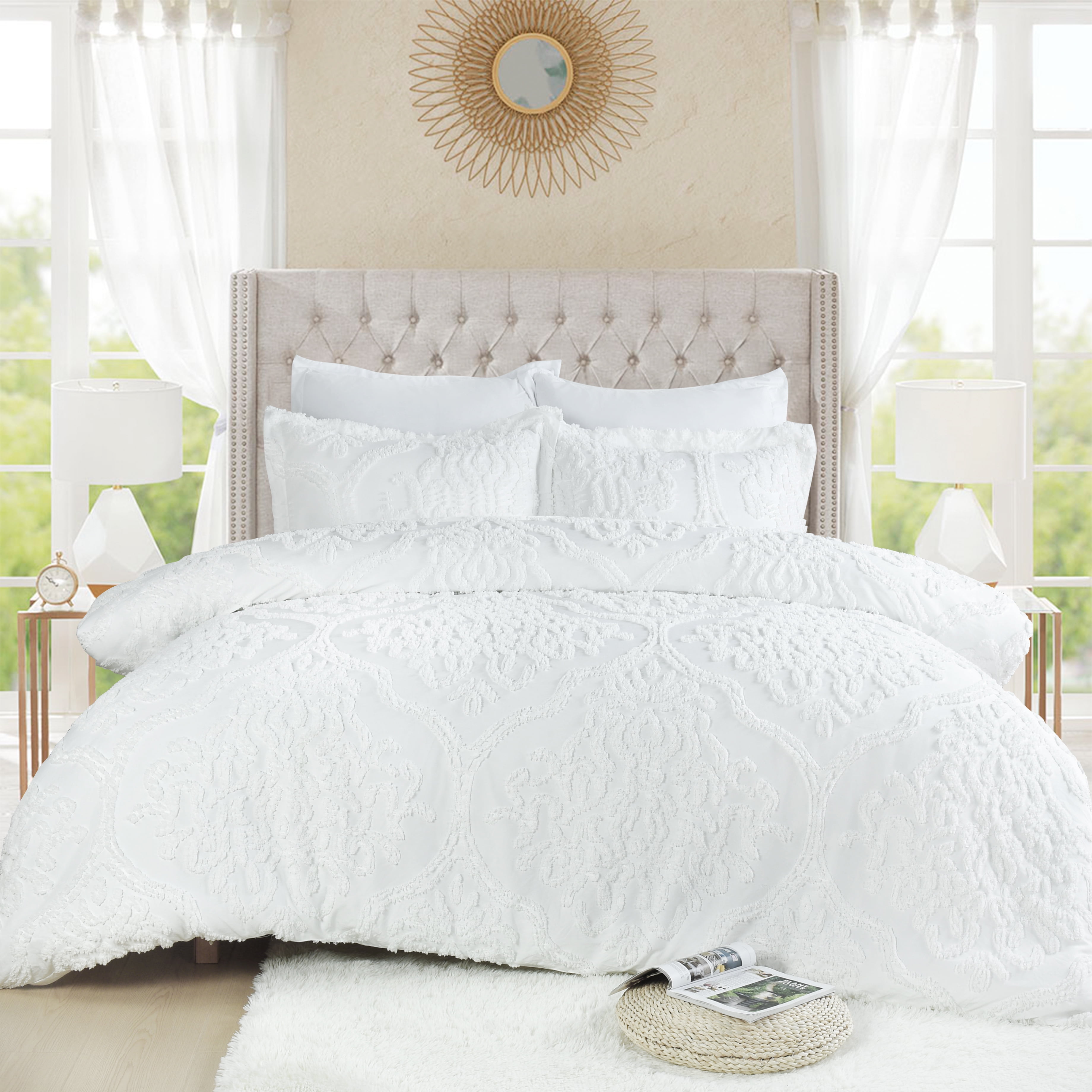 EvJk Modern Series 7-Piece Comforter Set, White Tufted Vintage Damask ...