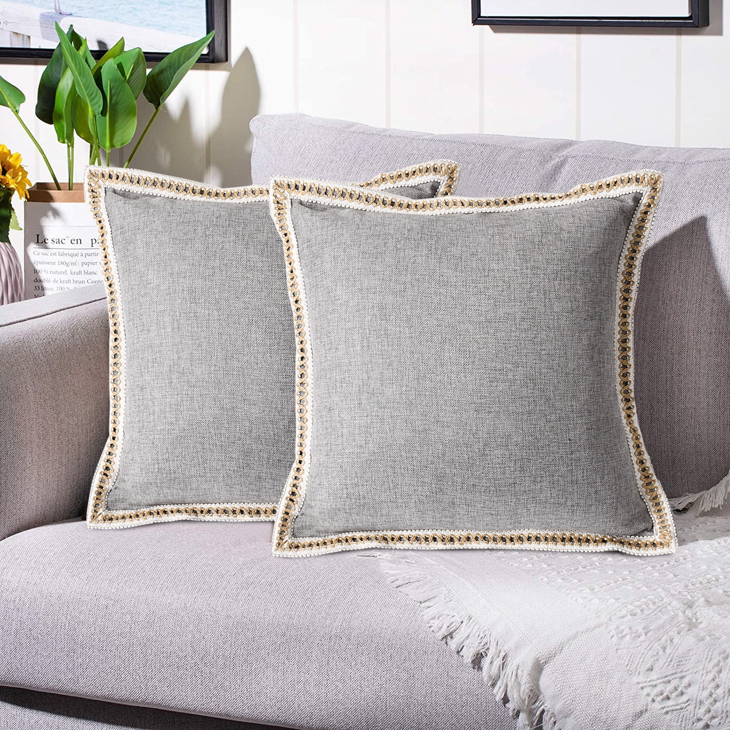 EvJk Set of 2 Rustic Burlap Trimmed Gray Linen Pillow Covers 18x18 with ...
