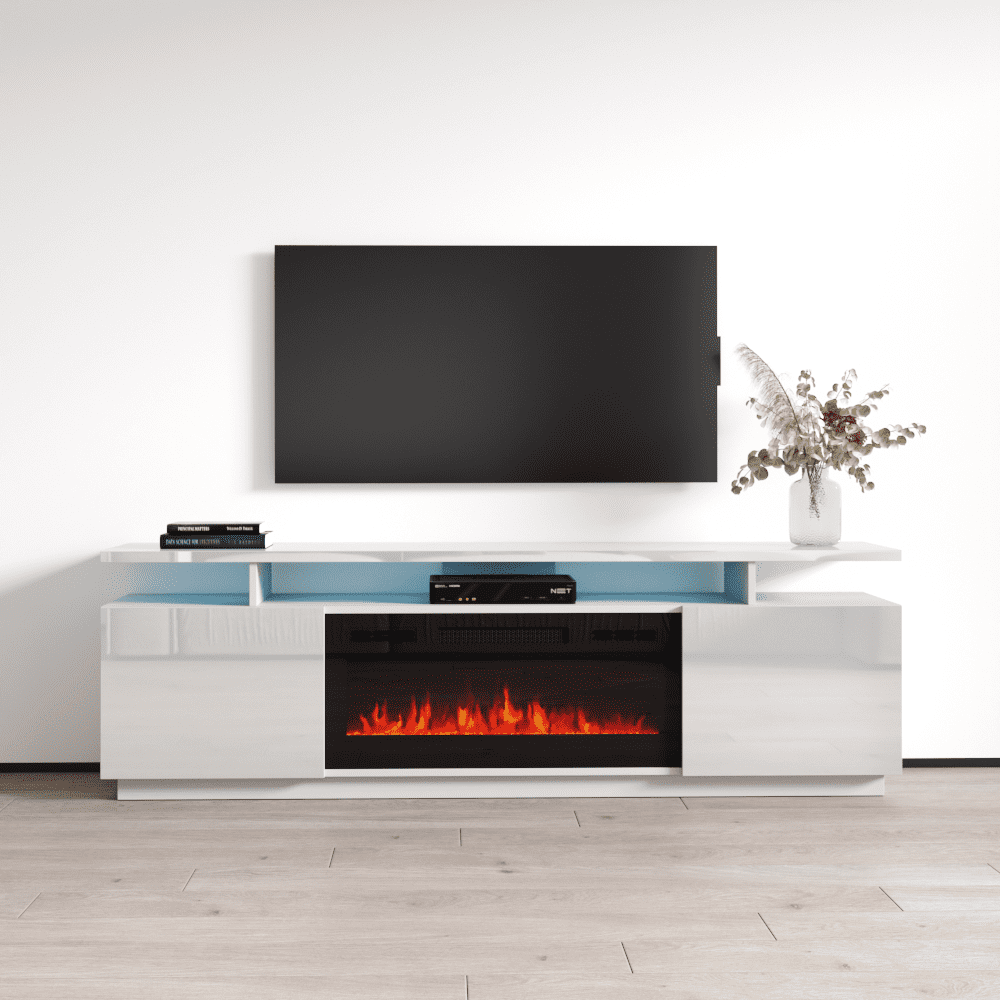 "Eva-KBL 71"" TV Stand with Fireplace, High Gloss, Fits upto 80"" TVs ...
