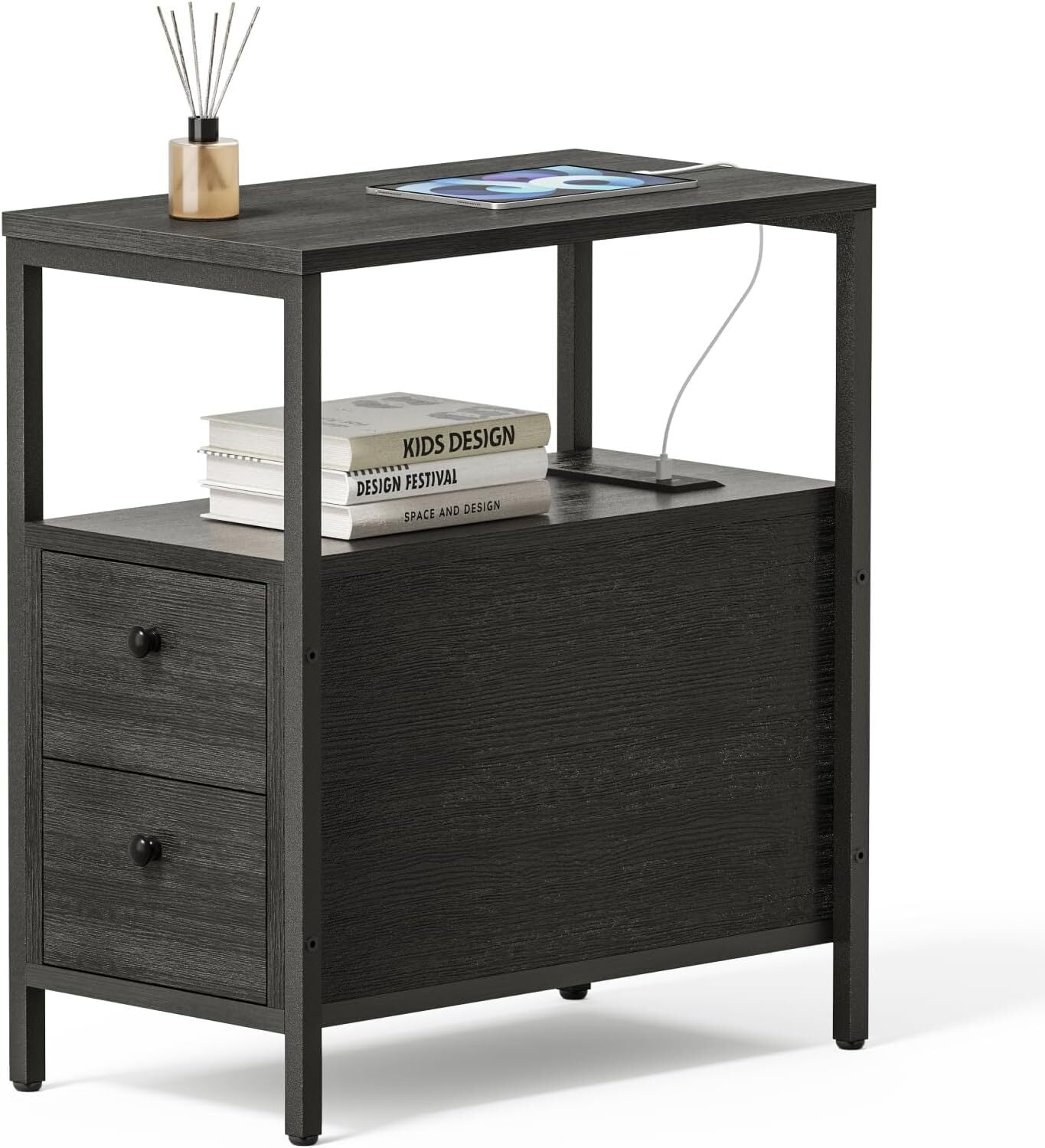 EvaStar Home Side Table with Charging Station, Narrow Nightstand with 2 Drawers, Living Room End ...