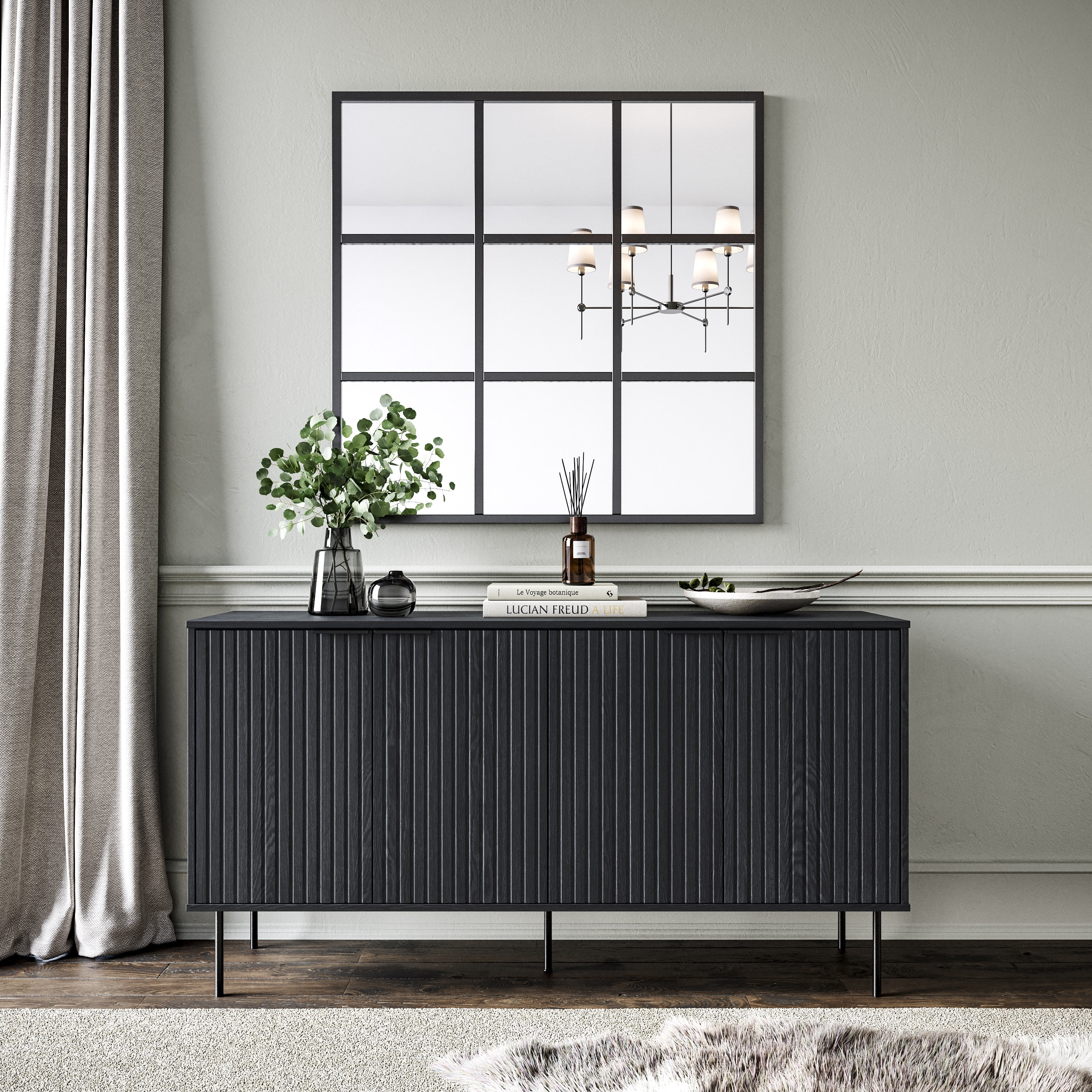 Evander Black Classic Fluted Engineered Wood Sideboard Buffet with ...