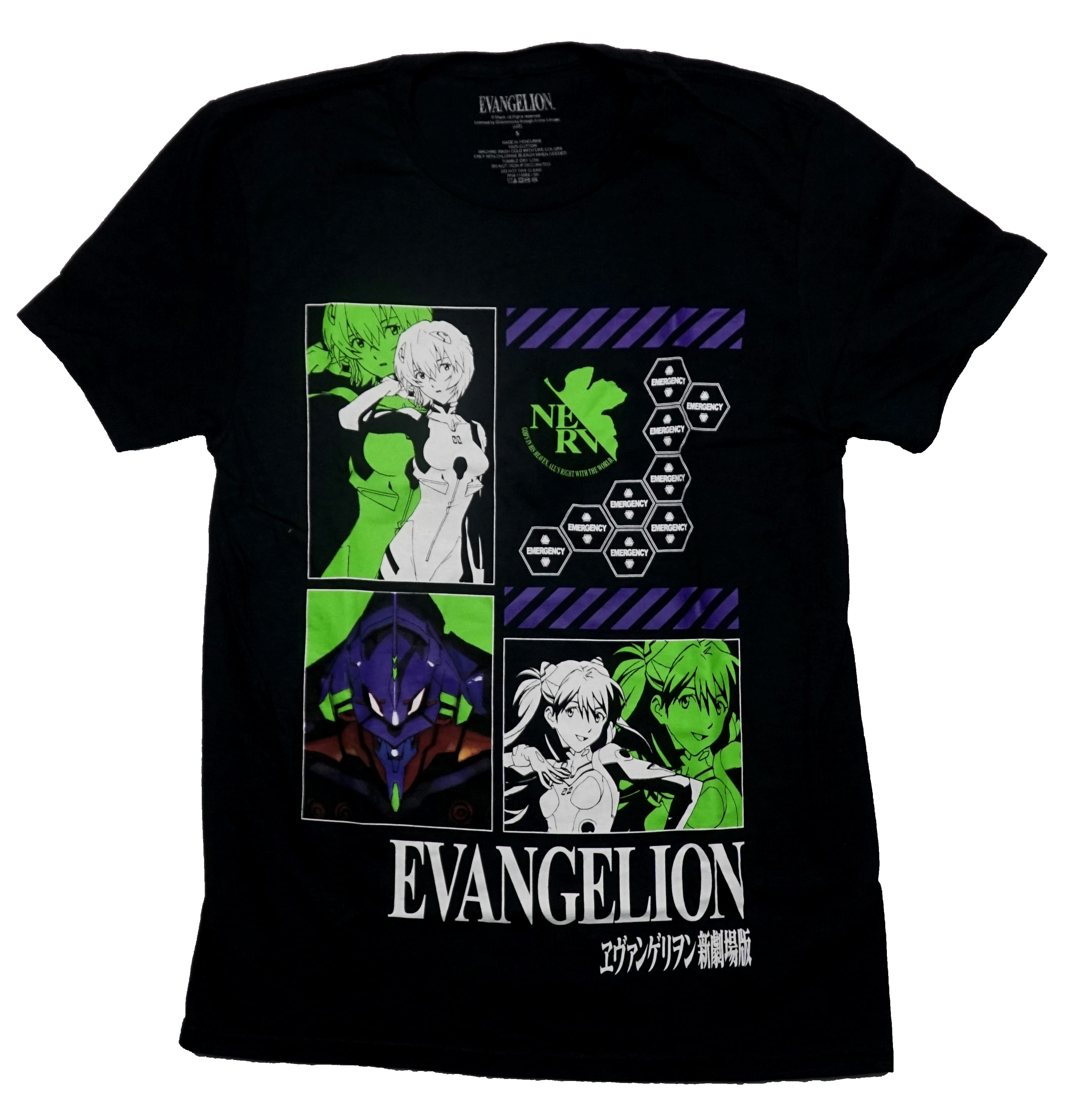 Evangelion Mens T-Shirt - Mech Pictured With Rei and Asuka Emergency ...