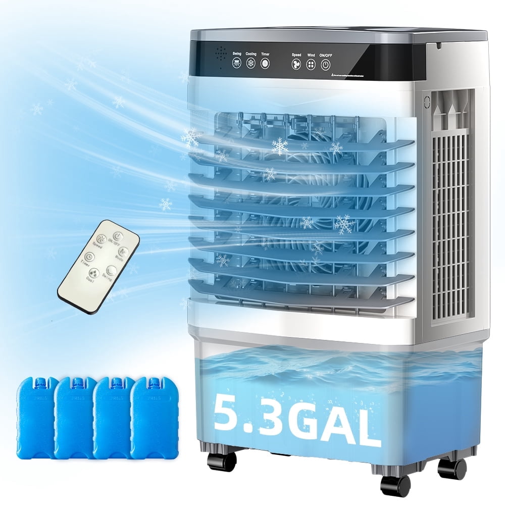 Evaporative Air Cooler with 12H Timer,4 lce Packs ,5.3 GalWater Tank ...