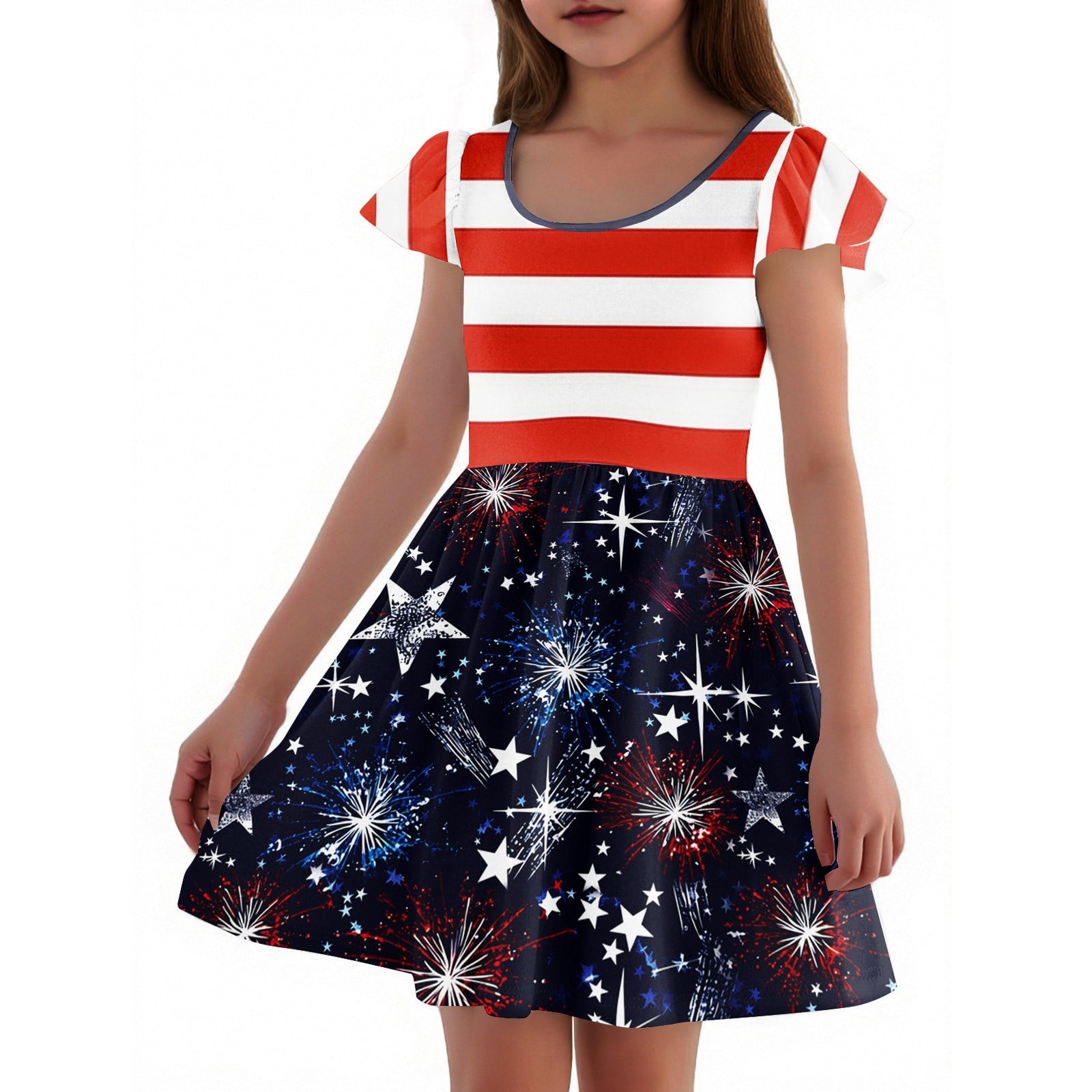 Evdexr 4th Of July Dress for Girls Red White and Blue Crew Neck Ruffle ...
