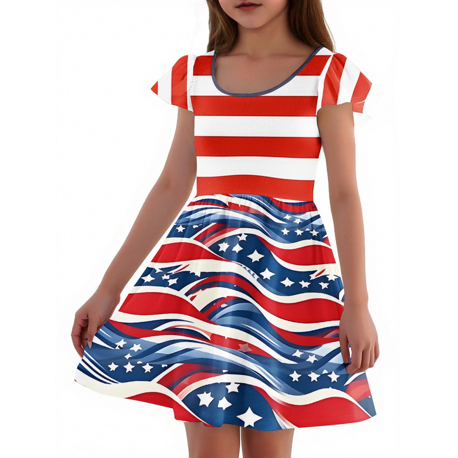 Evdexr 4th Of July Girls Dresses Usa Flag Mini Crew Neck Dress Ruffle ...