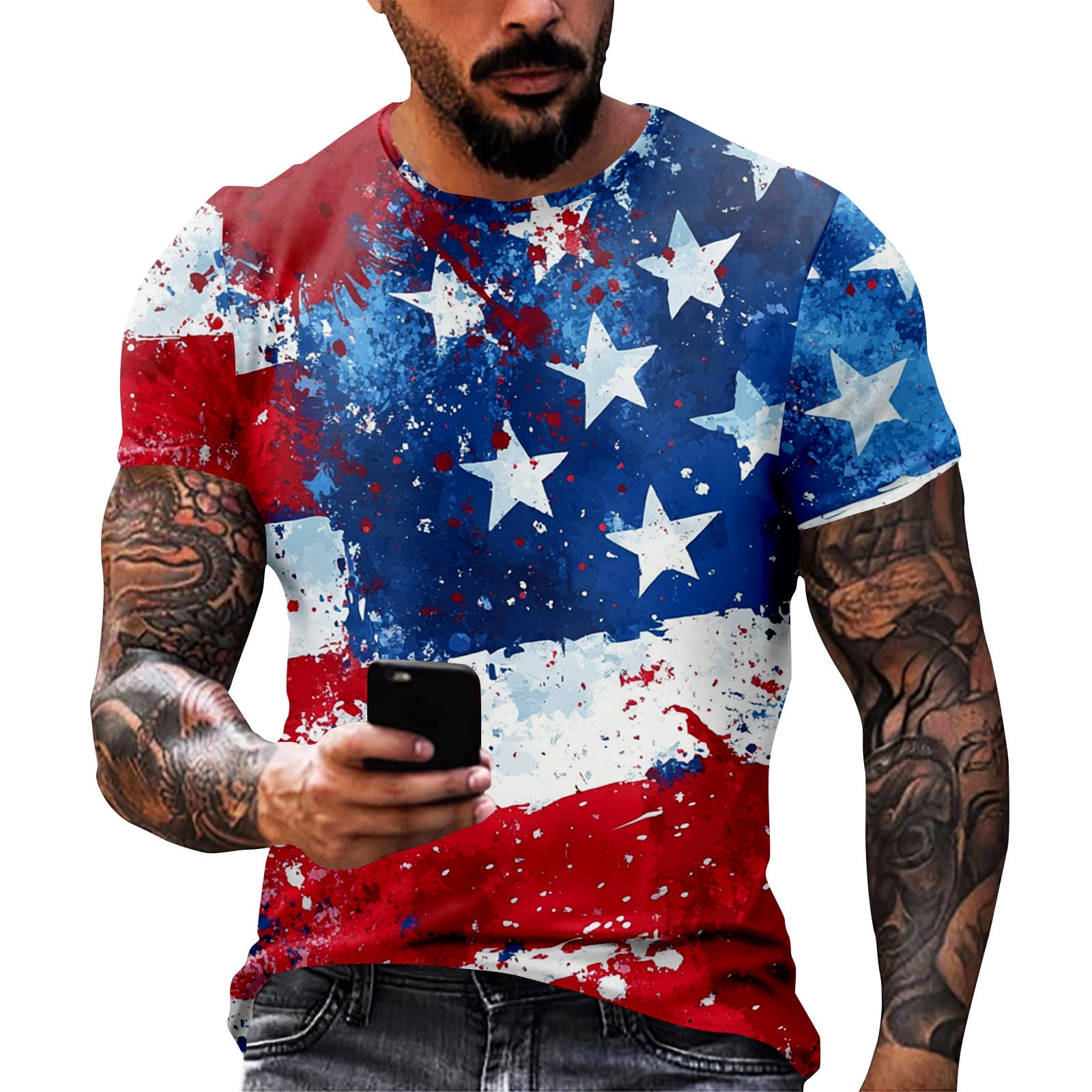 Evdexr American Flag Mens Shirts Short Sleeve Casual Crew Neck Clothes ...