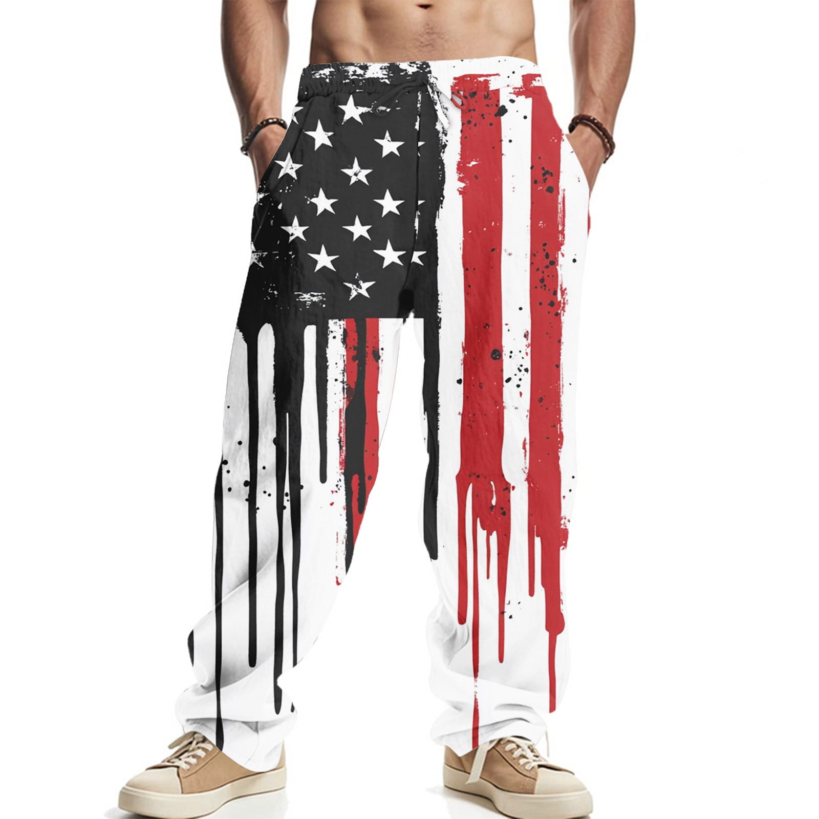 Evdexr American Flag Pants Men Red White and Blue Adjustable Drawstring ...
