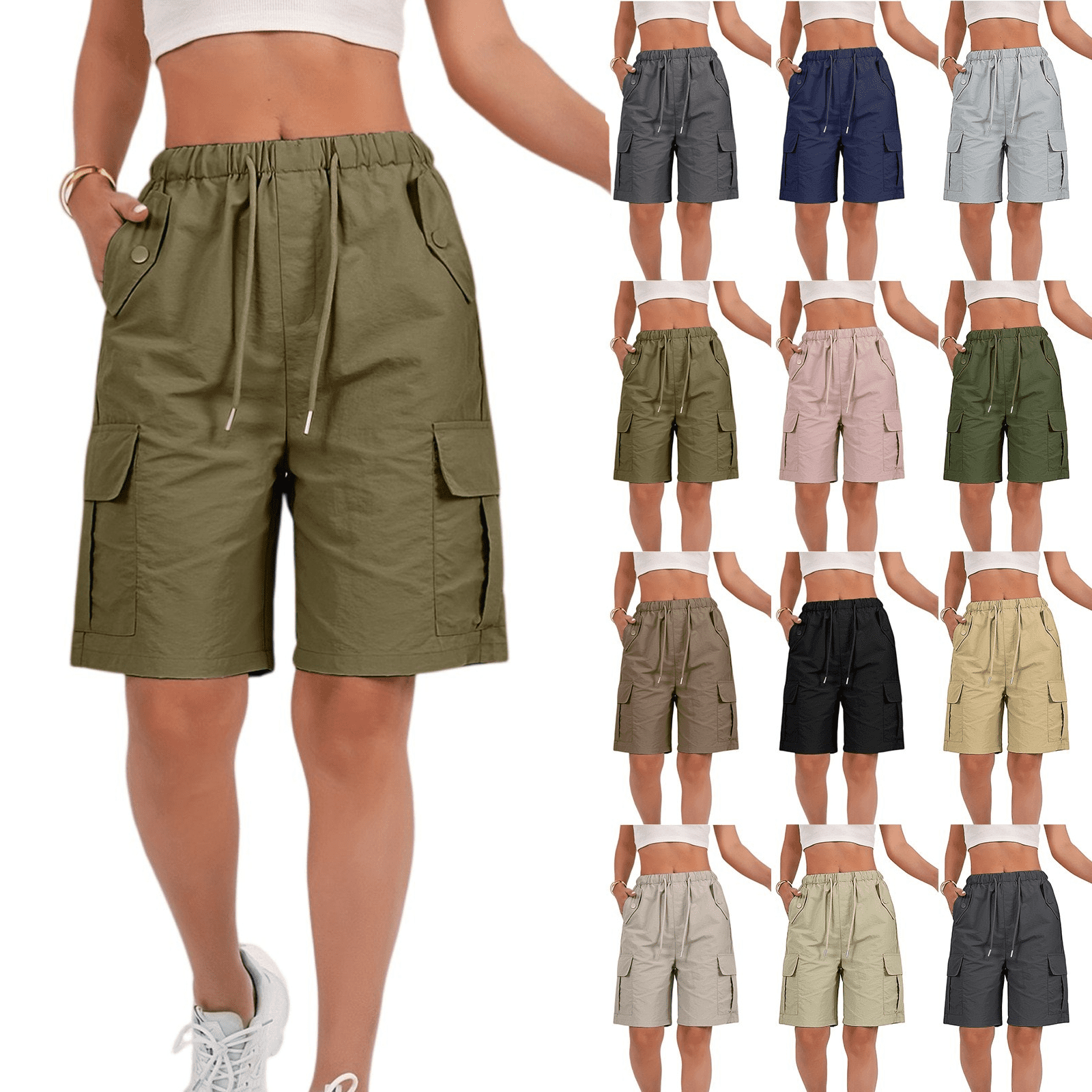 Evdexr Bermuda Shorts for Womens Hiking Cargo Trouser Shorts Drawstring ...