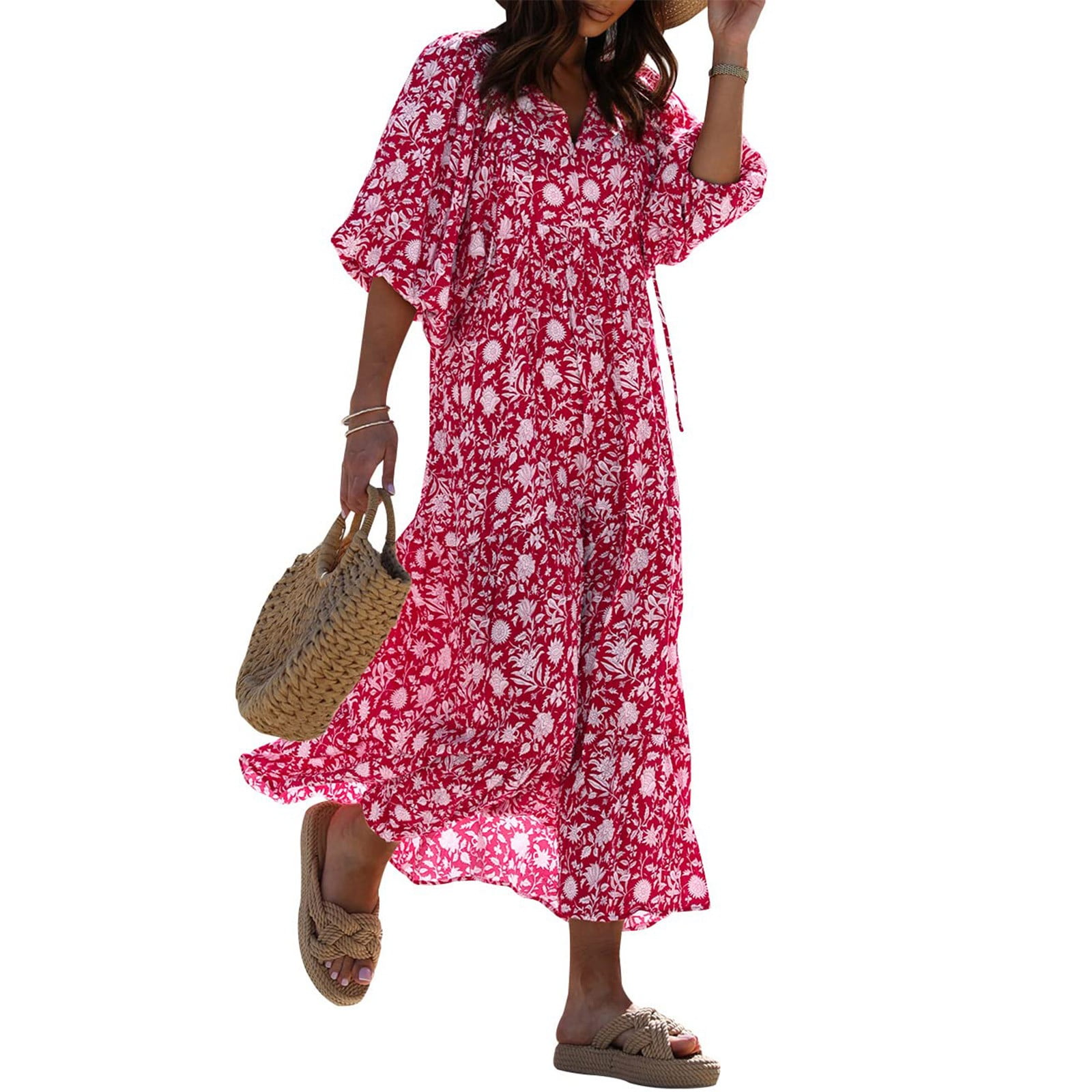 Evdexr Boho Sundress Women Maxi Tiered Vacation Dresses Puff Sleeve V ...