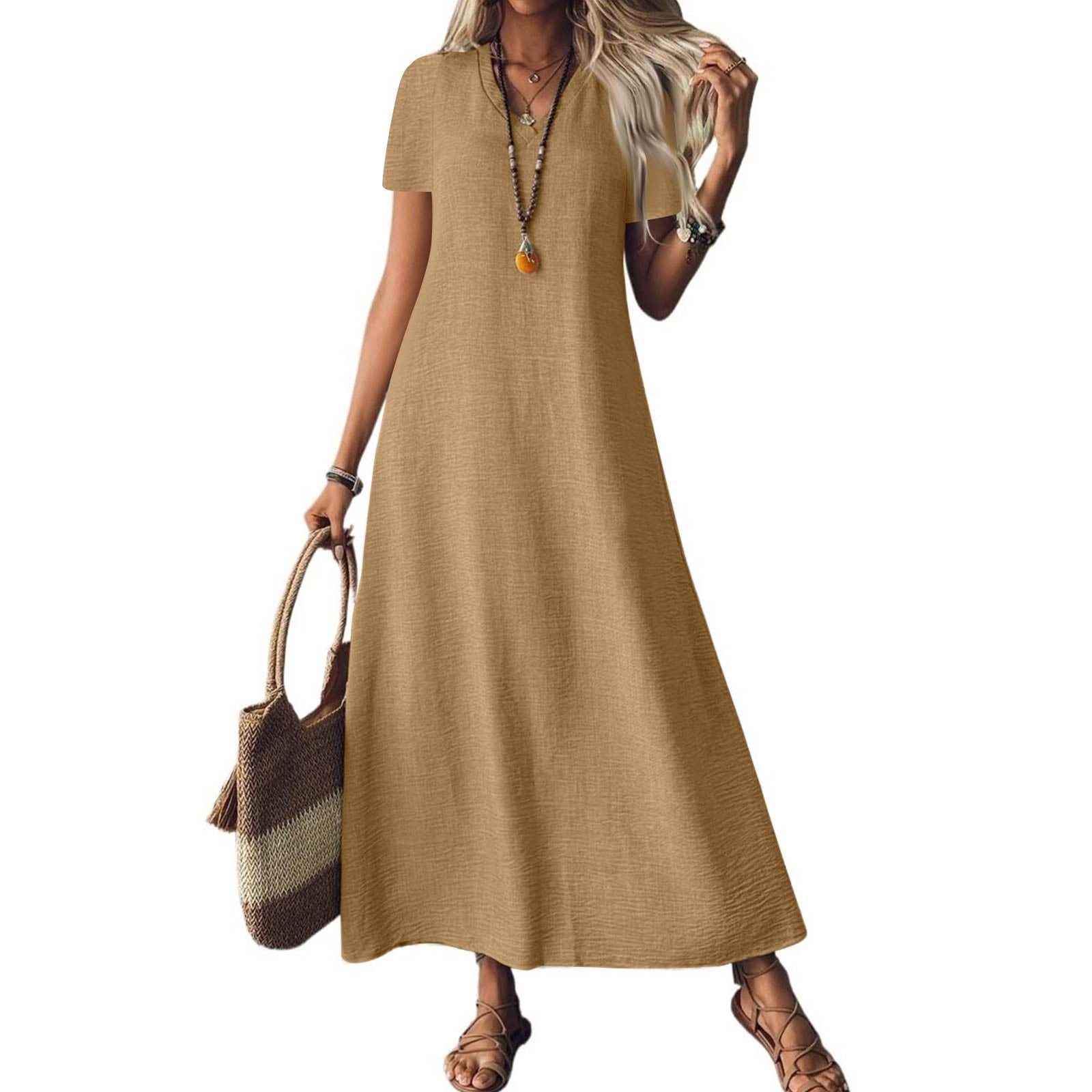 Evdexr Cotton Shirt Dresses Womens Maxi Linen Dress Short Sleeve Flowy ...