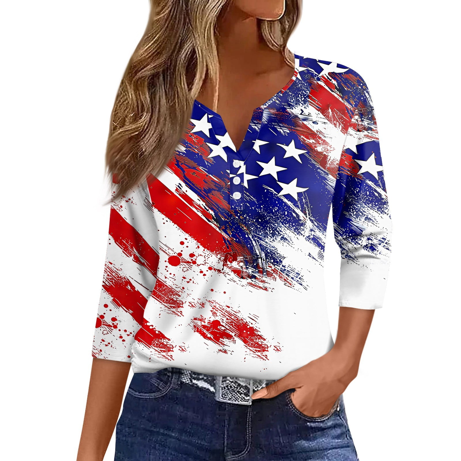 Evdexr Fourth Of July Tops for Women Striped Star Graphic 3/4 Length ...