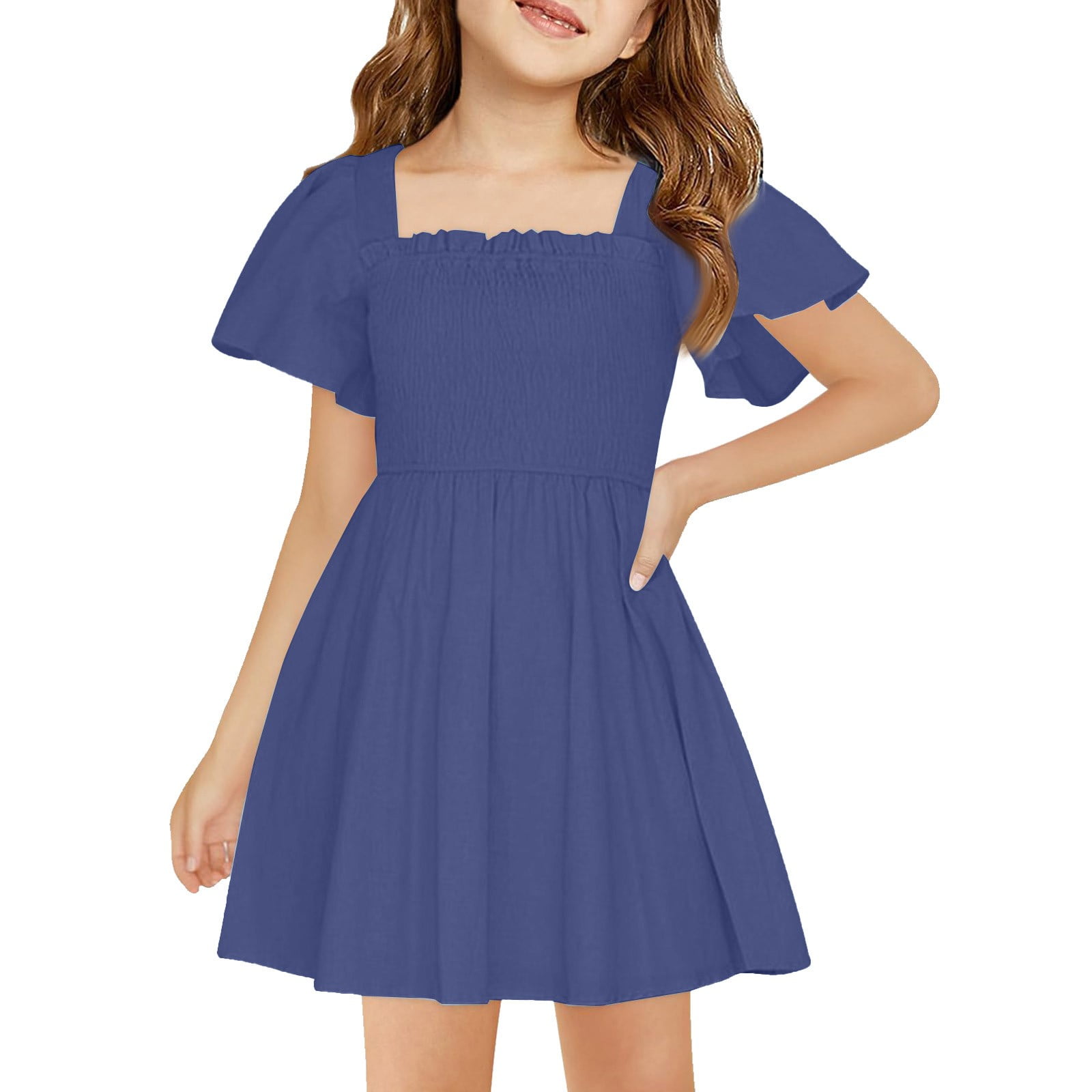 Evdexr Girls Summer Dresses Ruffle Short Sleeve Casual Square Neck ...