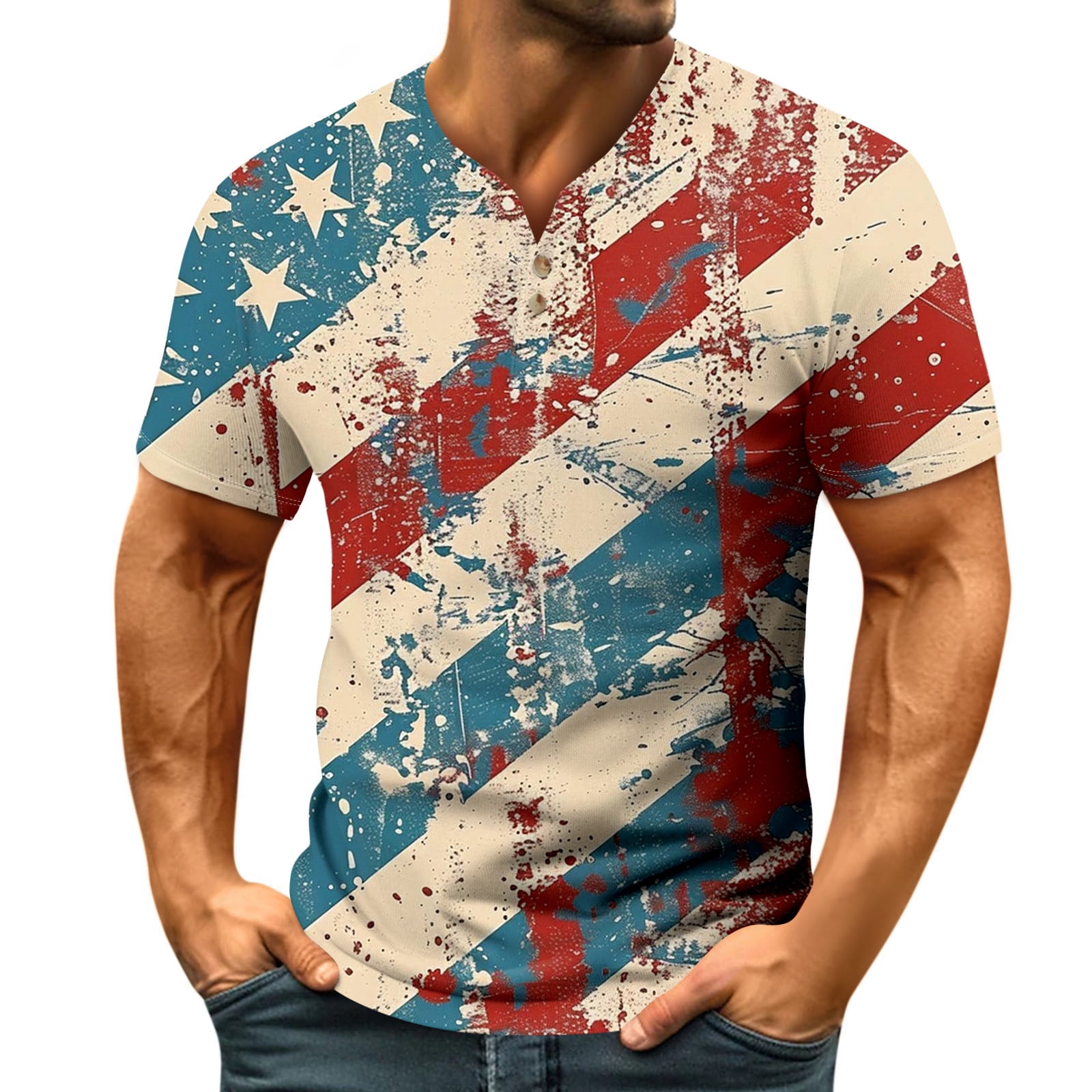 Evdexr Independence Day T Shirts for Men Usa Flag Henley Short Sleeve ...