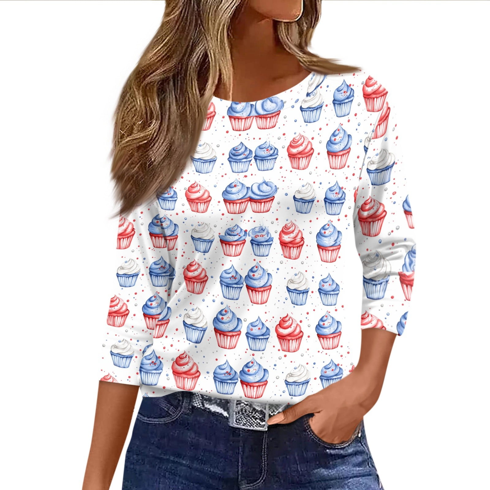Evdexr Independence Day Tops for Women Usa Flag 3/4 Length Sleeve Crew ...