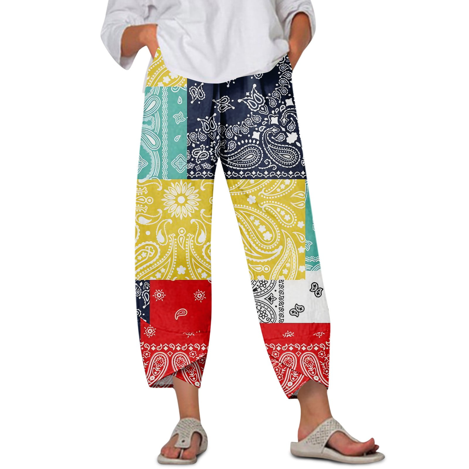 Evdexr Linen Capris Pants Women Wide Leg High Waist Boho Floral Print ...