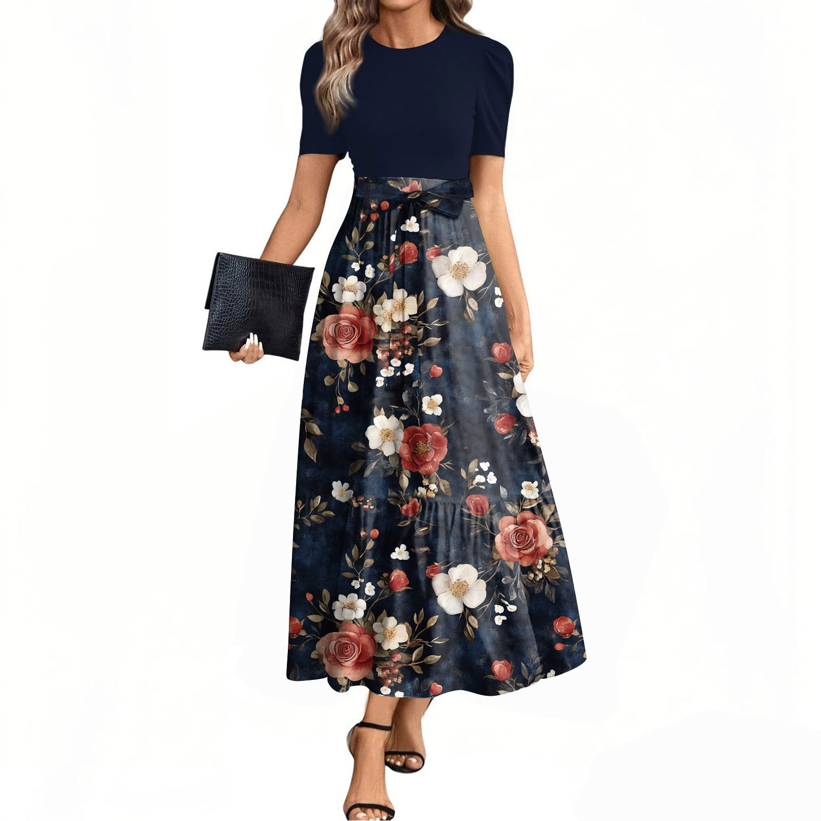 Evdexr Long Floral Dresses for Women 2025 Elegant Boho Tie Belted ...
