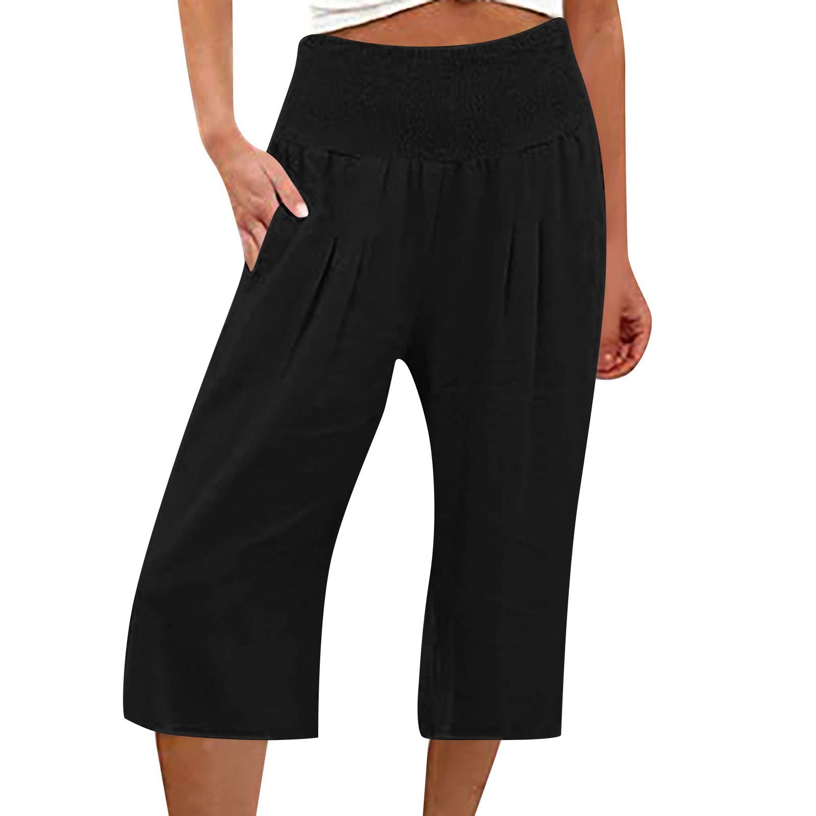 Evdexr Loose Linen Capri Pants Women Wide Leg High Waist Workout ...