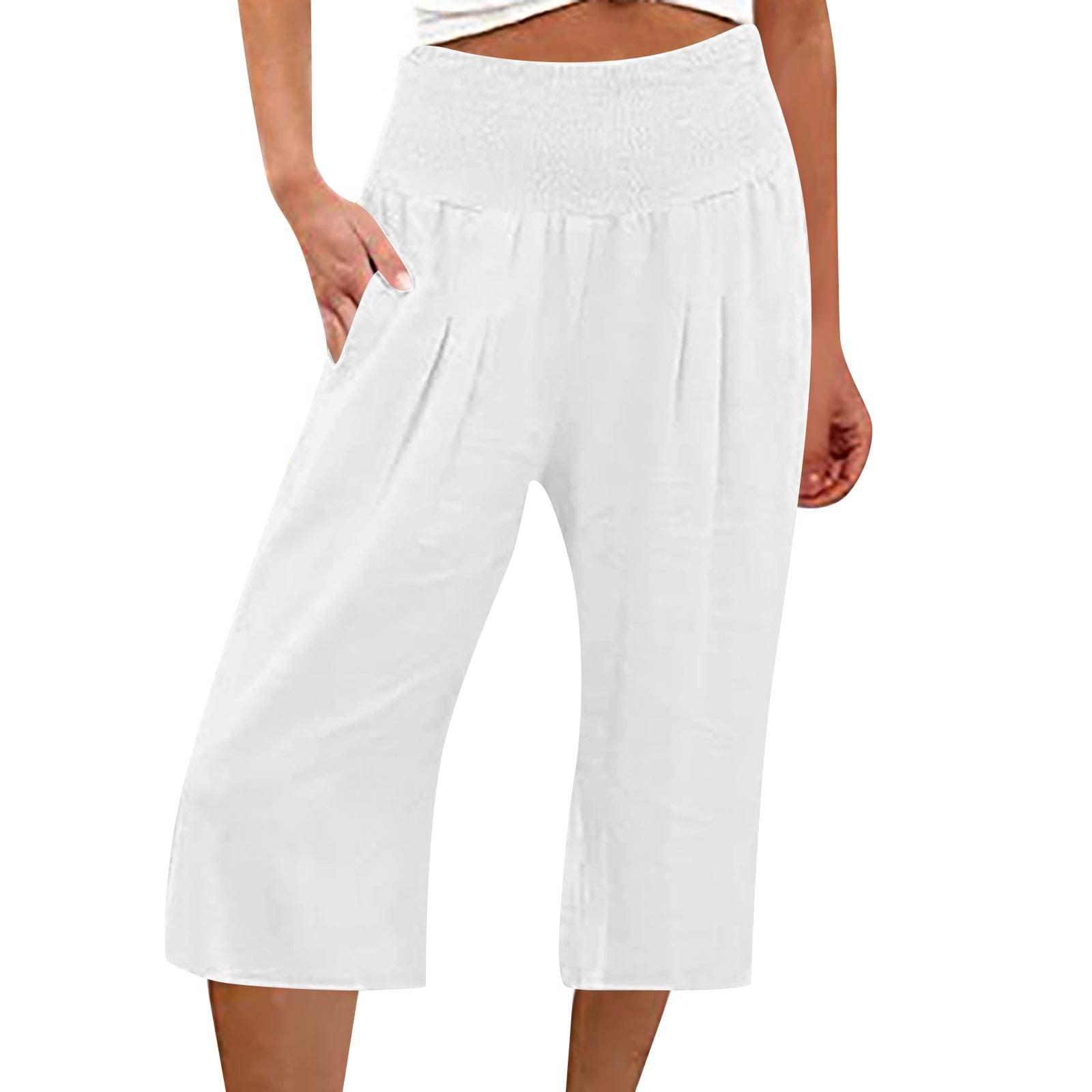 Evdexr Loose Linen Capri Pants Women Wide Leg Solid Workout Palazzo ...