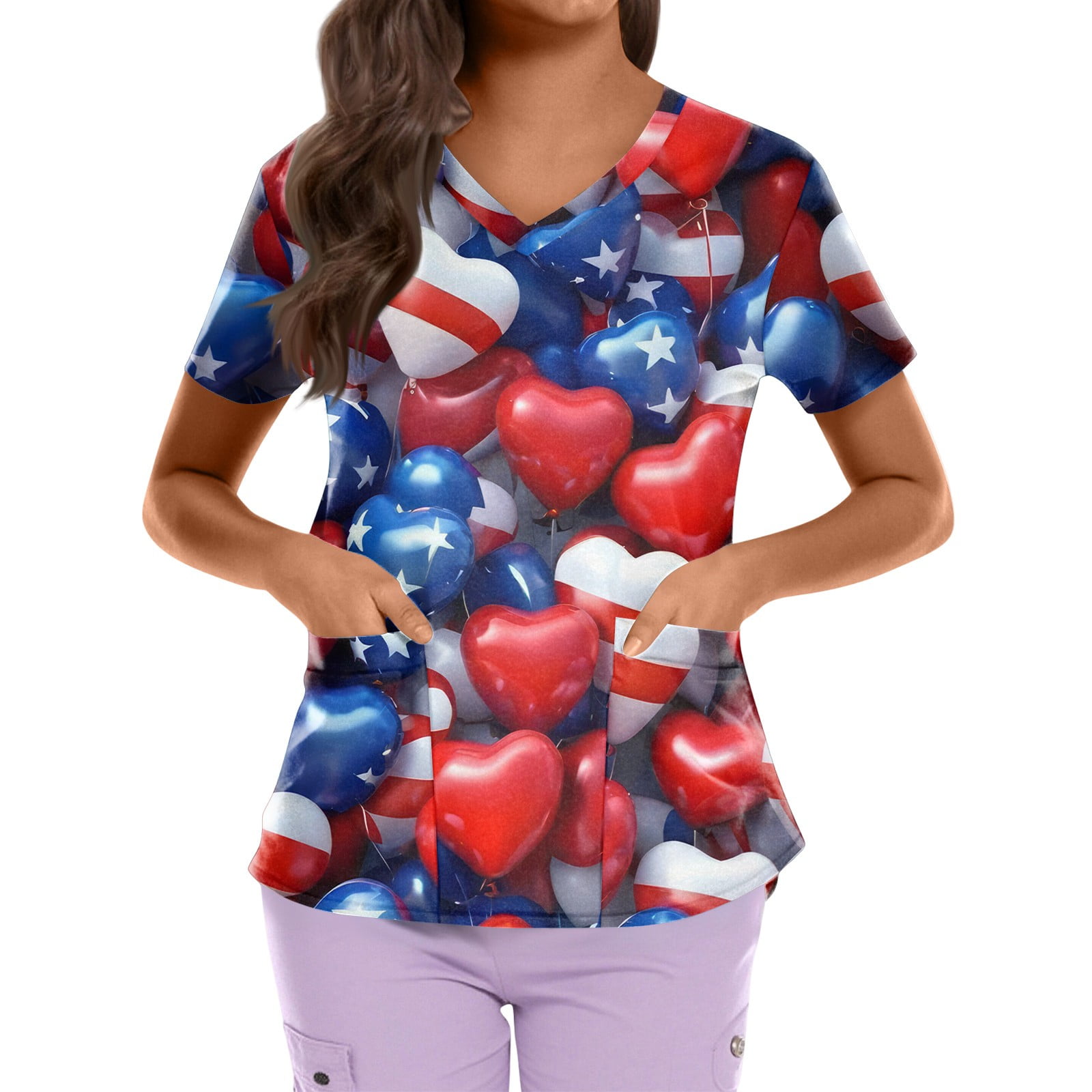 Evdexr Memorial Day Scrub Shirts Women Stars and Stripes Patriotic V ...