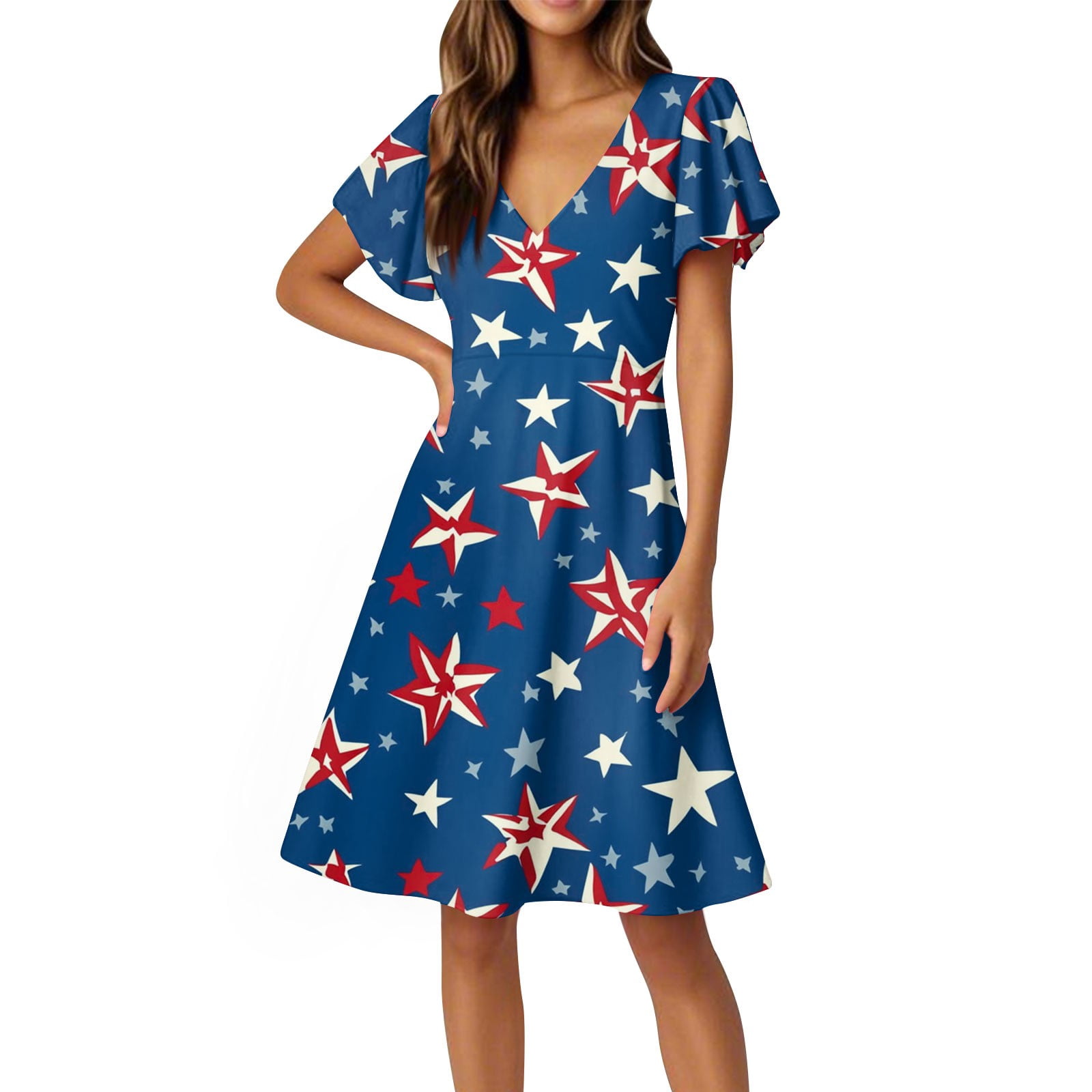 Evdexr Memorial Day Womens Dresses Red White and Blue Ruffle Cap Sleeve ...