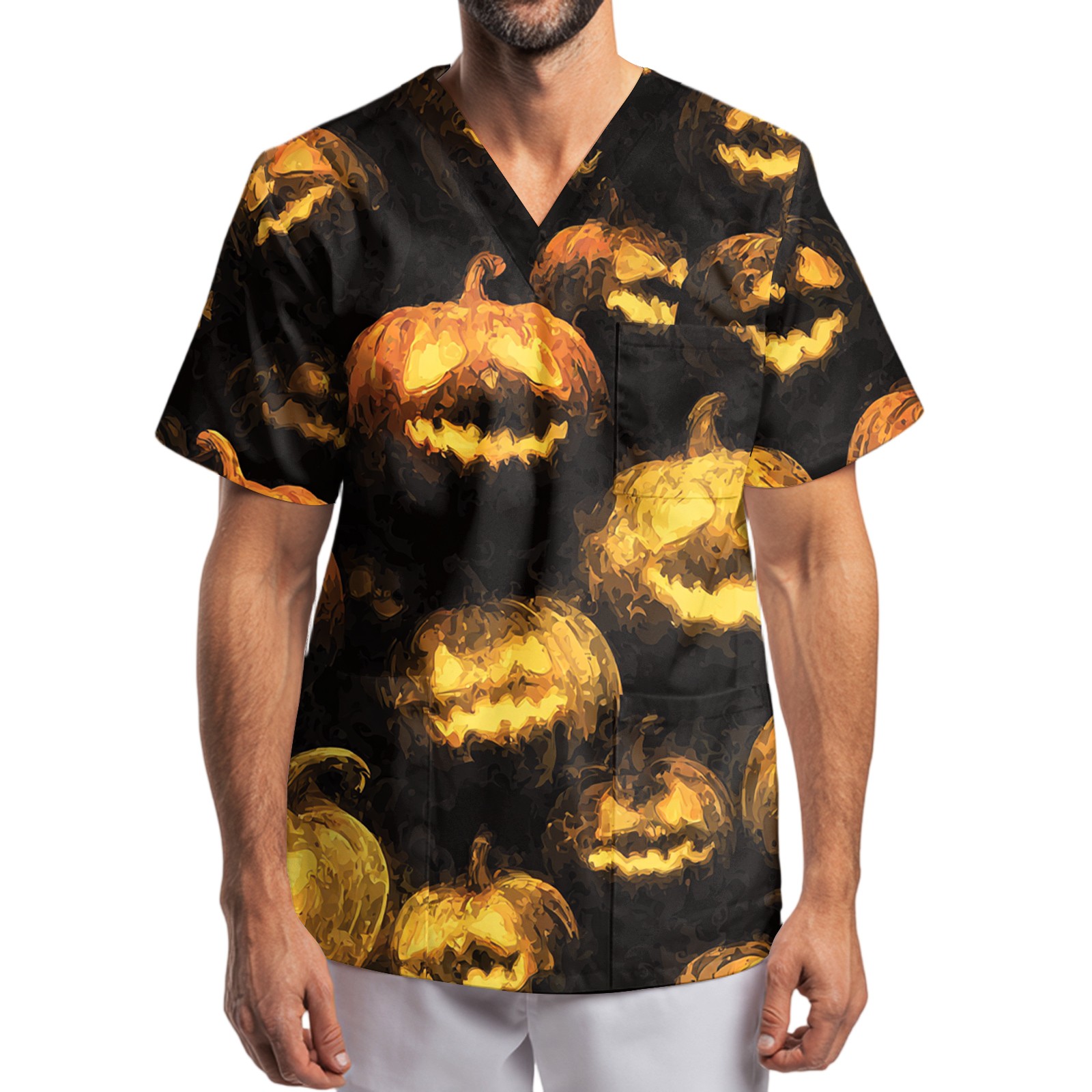 Evdexr Men's Halloween Scrub Top Plus Size Medical Workwear 2025 Ghost ...