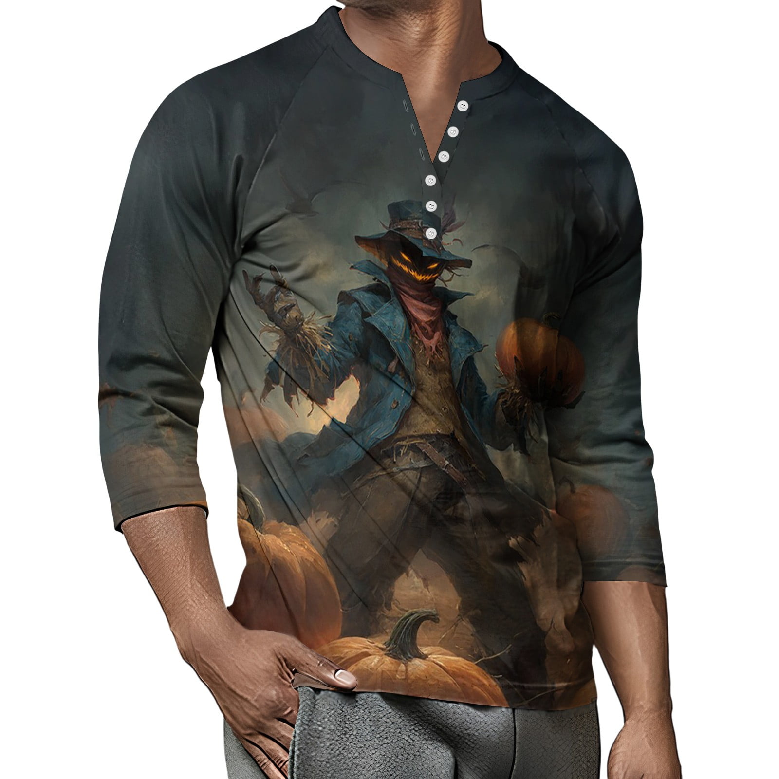 Evdexr Men's Halloween Shirts Big and Tall Henley Tops 2025 Skull 3/4 Sleeve Graphic T Shirt ...